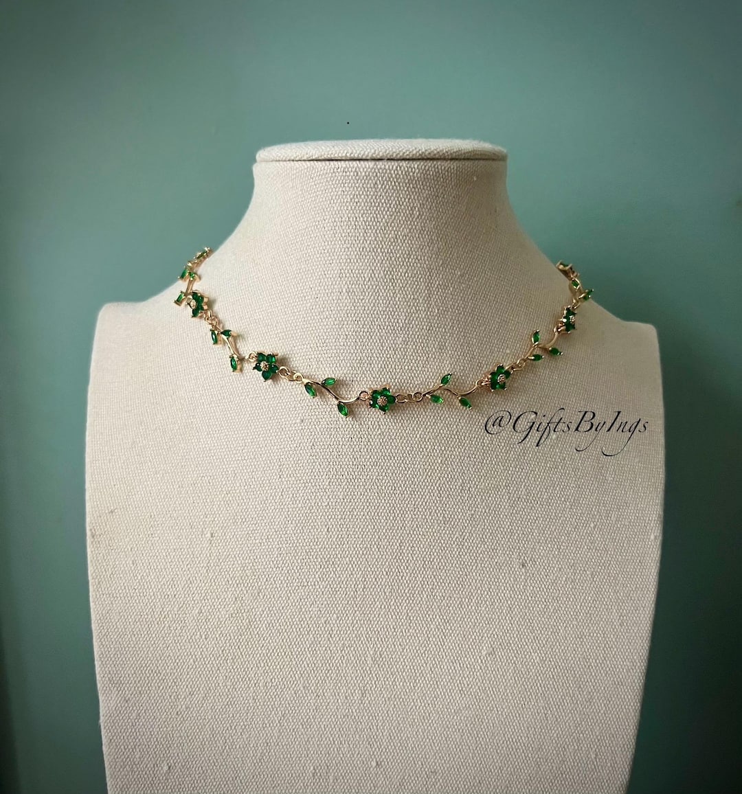 Delicate Emerald Green Leafy Vine Floral Choker Necklace, Woodland ...