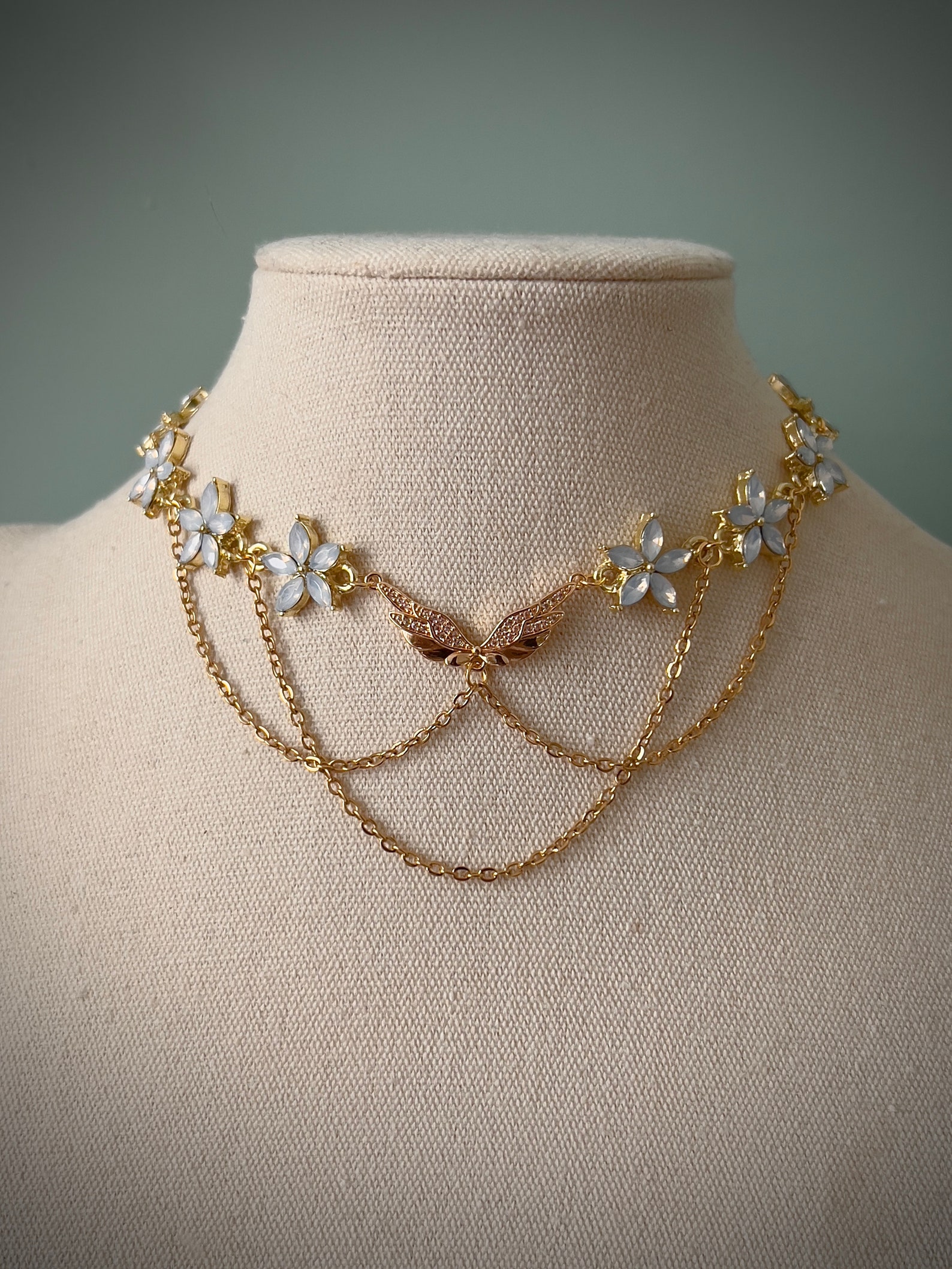 Elegant Pink Floral Butterfly Choker Necklace, Angelic Fairycore ...