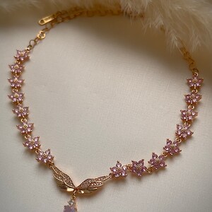 Angelic Blue Flower Choker Necklace, Gold Dainty Angel Wings Regency ...