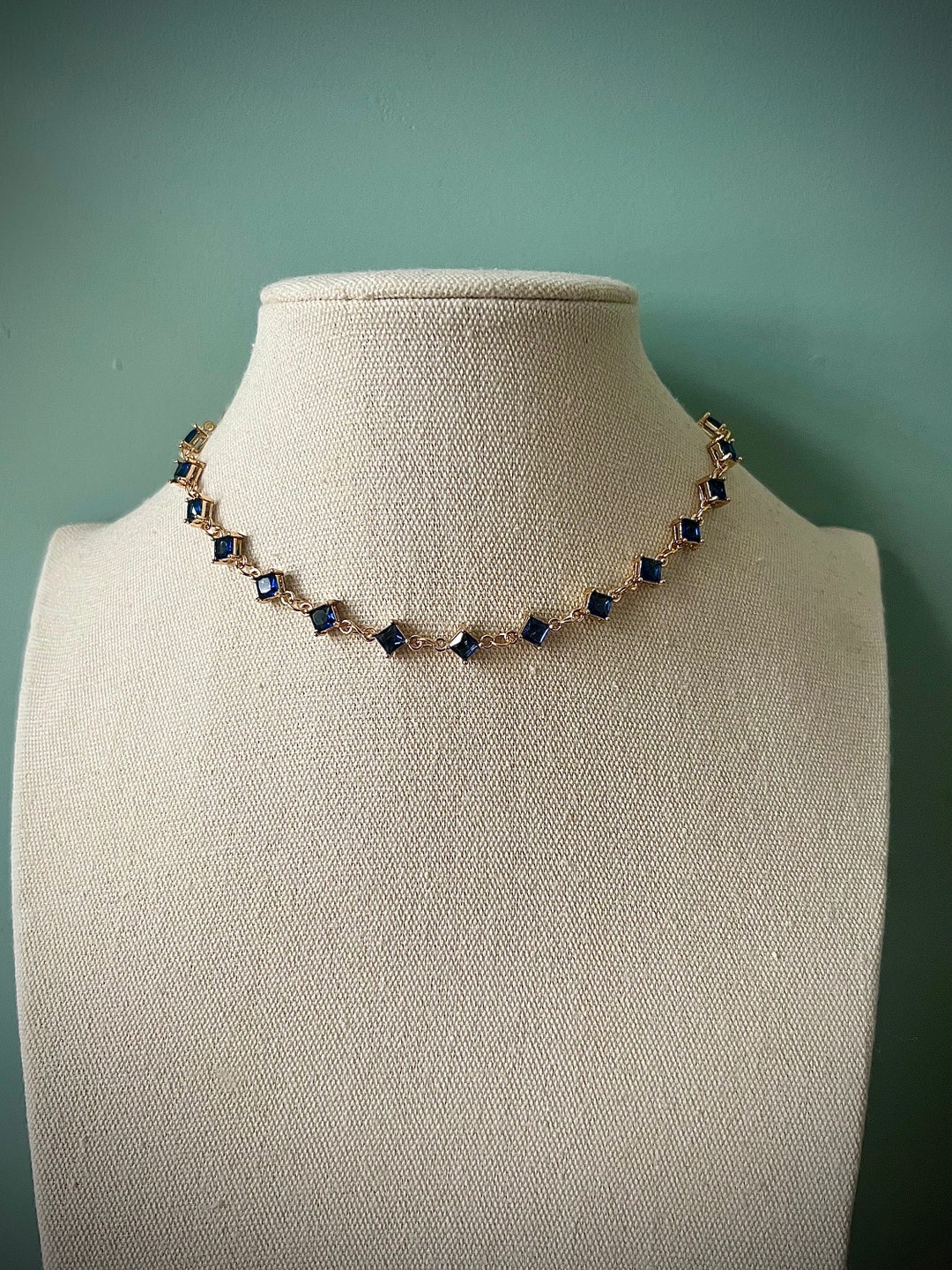 Navy Blue Diamond Choker Necklace, Dainty Gold Fairycore Fantasy Choker ...