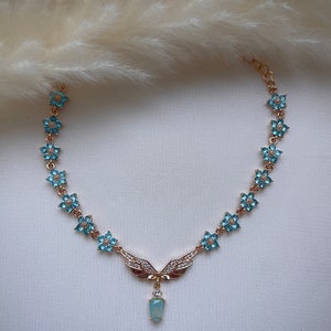 Angelic Blue Flower Choker Necklace, Gold Dainty Angel Wings Regency ...