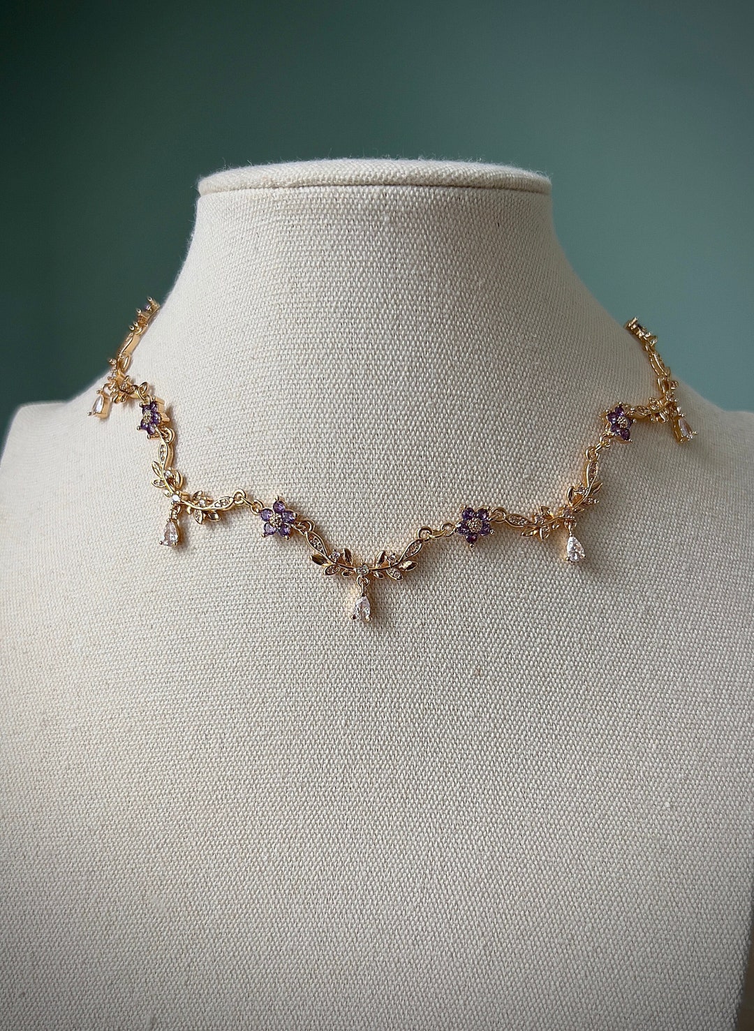 Gold Teardrop Purple Flower Choker Necklace, Elegant Lilac Regency ...
