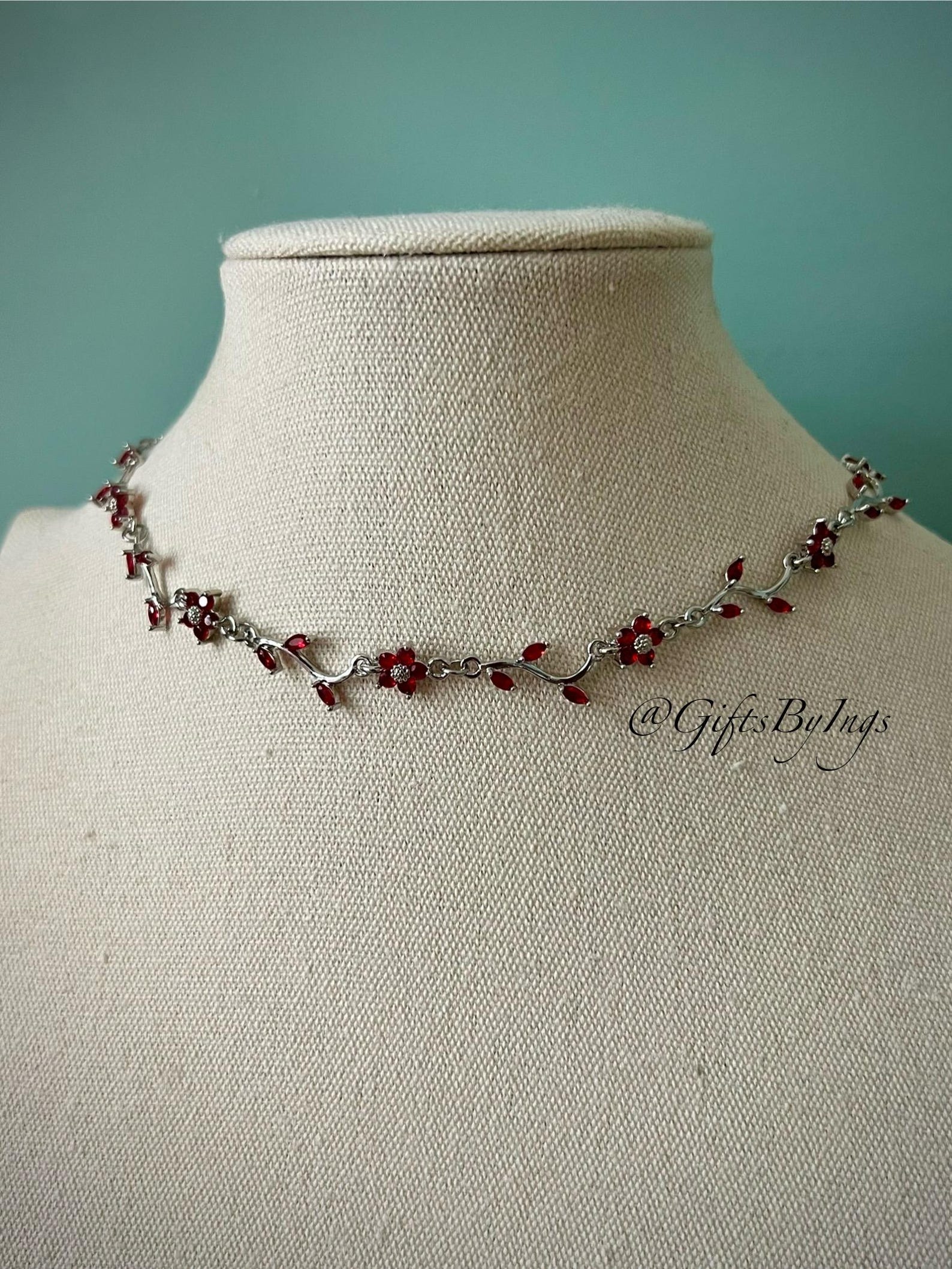 Delicate Ruby Red Leafy Vine Floral Choker Necklace, Elegant Regency ...