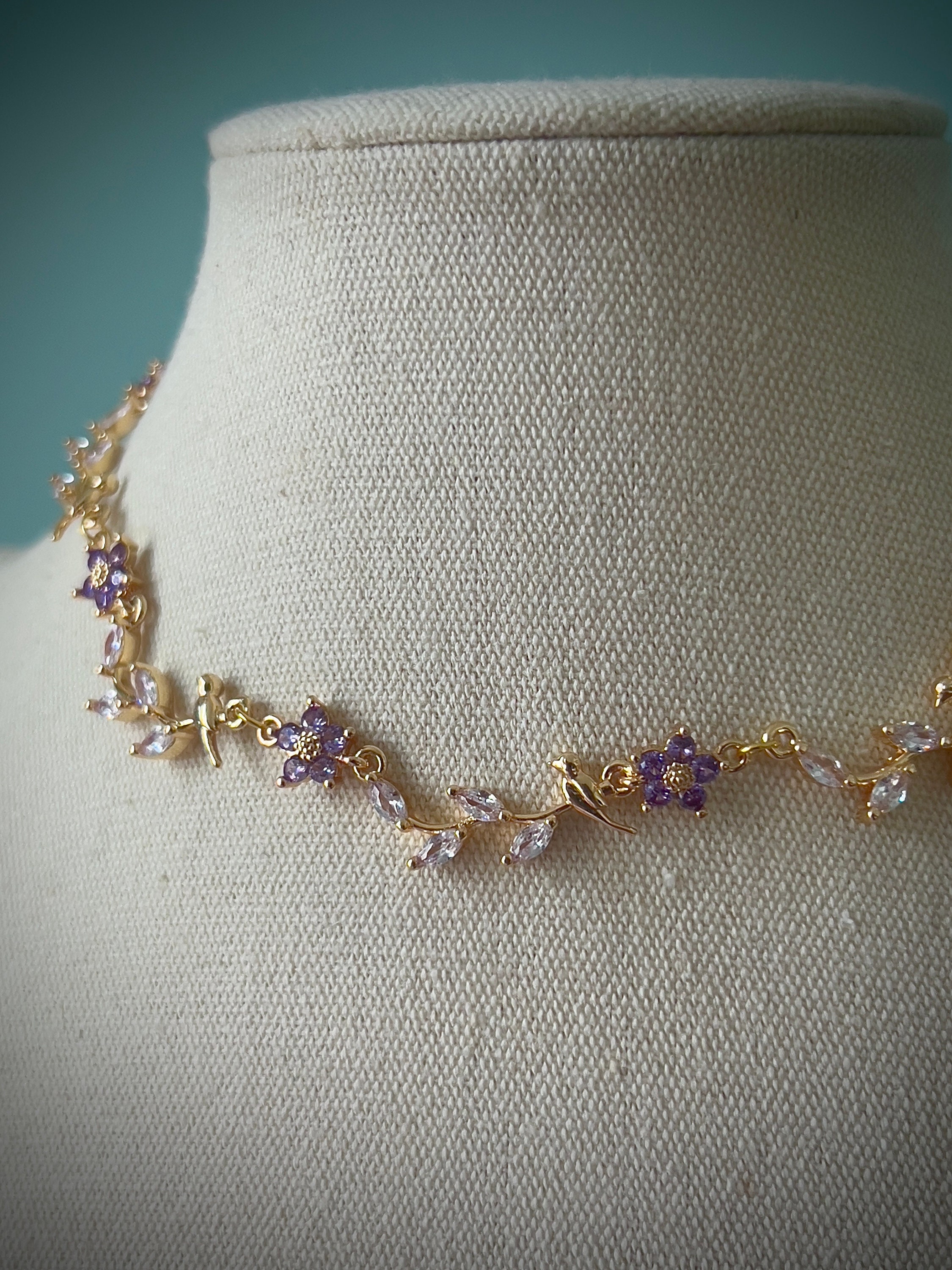 Unique Leafy Vine With Bird Choker Necklace, Elegant Cottagecore Purple ...