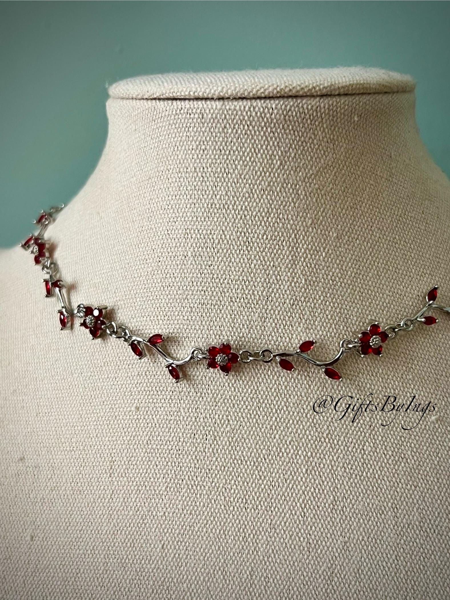 Delicate Ruby Red Leafy Vine Floral Choker Necklace, Elegant Regency ...