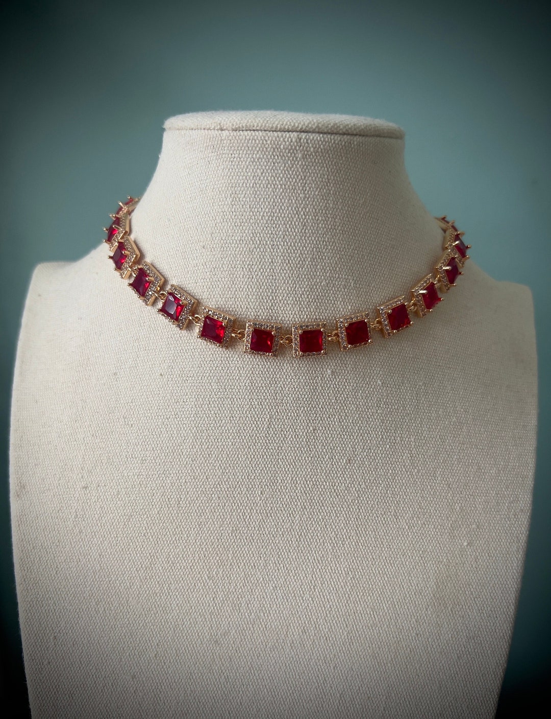 Ruby Red Tennis Choker Necklace, Dainty Gold Fairycore Fantasy Choker ...