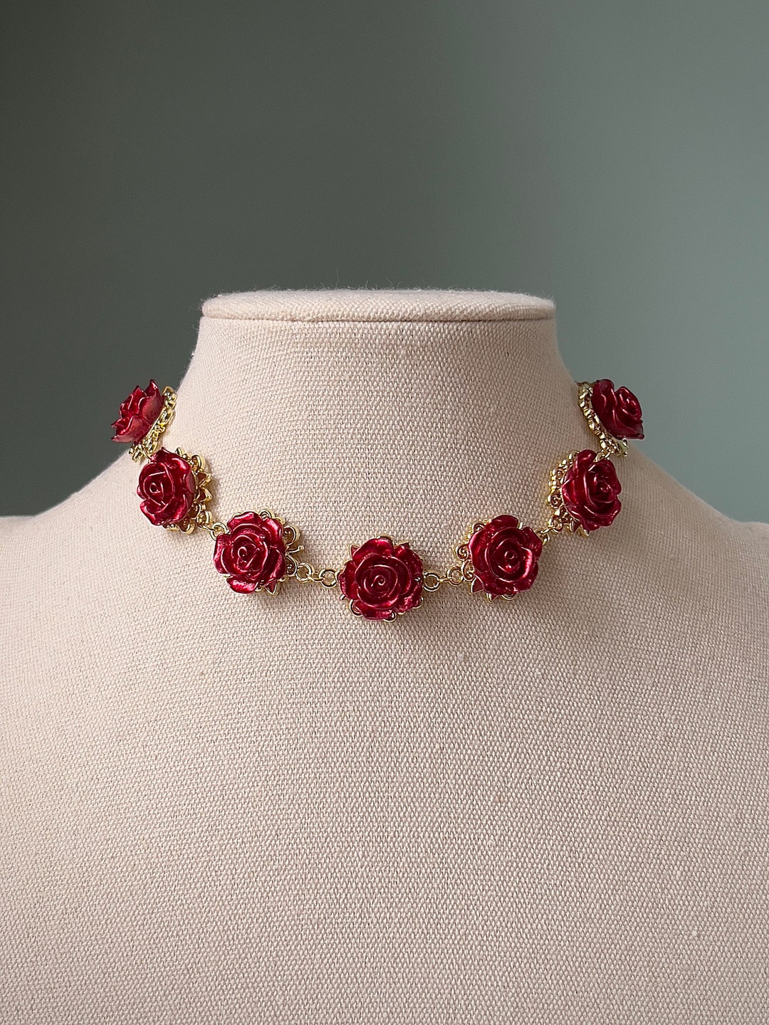 Red Rose Flower Choker Necklace, Elegant Regency Princess Necklace ...