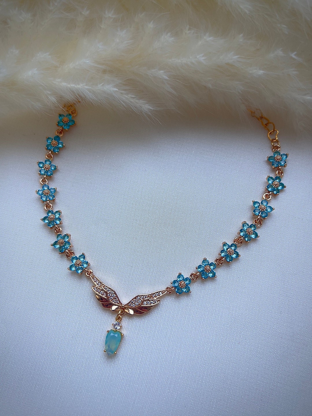 Angelic Blue Flower Choker Necklace, Gold Dainty Angel Wings Regency ...