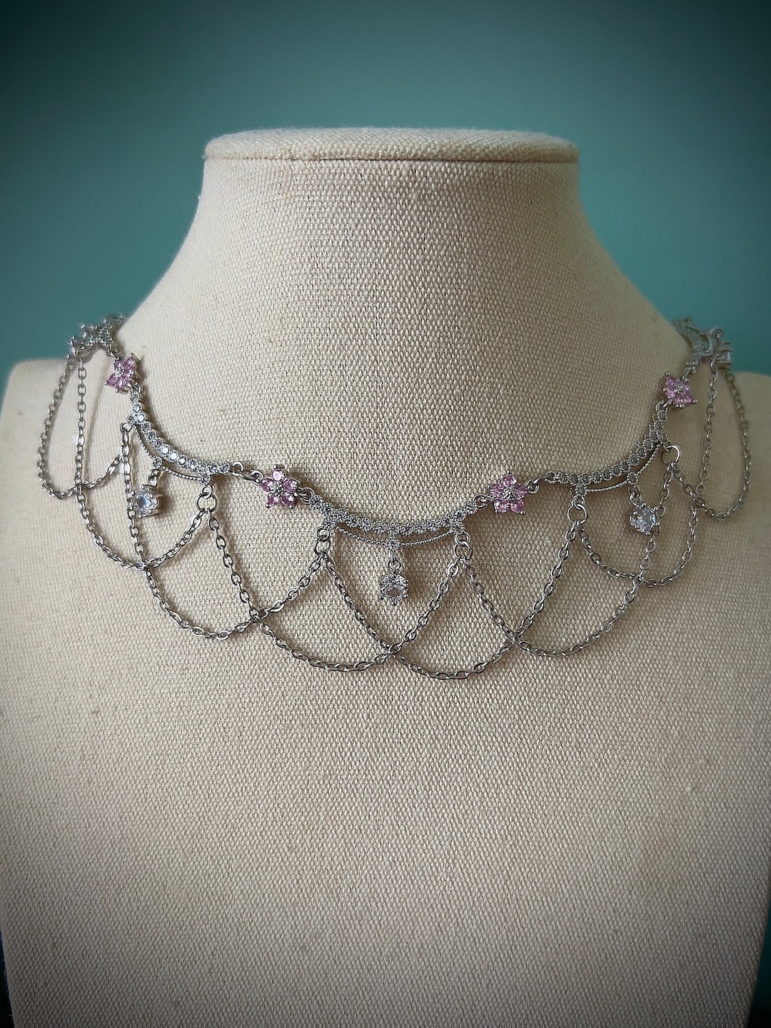 Elegant Royalcore Pink Floral Chained Choker Necklace, Beautiful ...