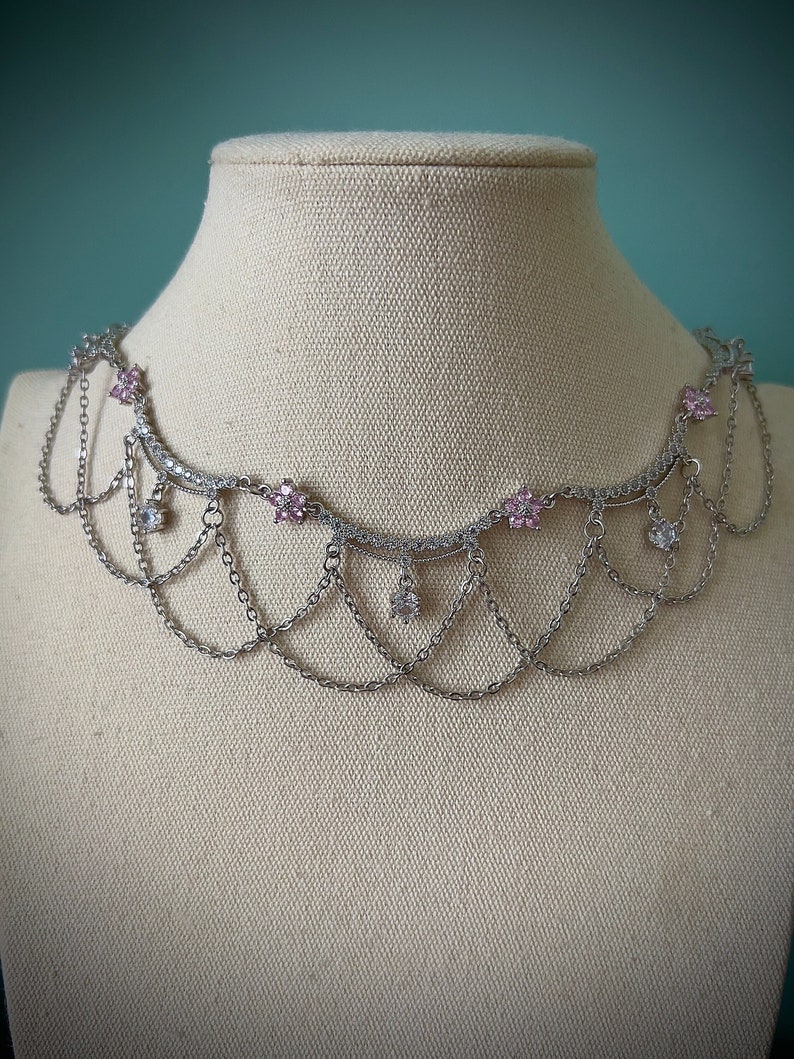 Elegant Royalcore Pink Floral Chained Choker Necklace, Beautiful ...