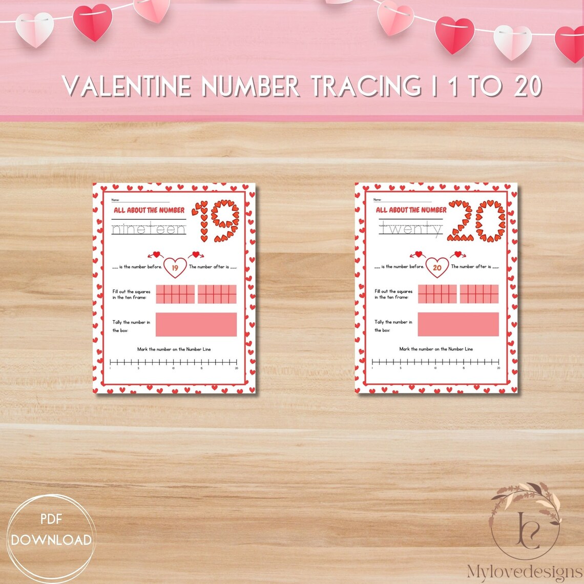 Valentine Prek Kindergarten Number Tracing Worksheet Printables, 1-20 ...