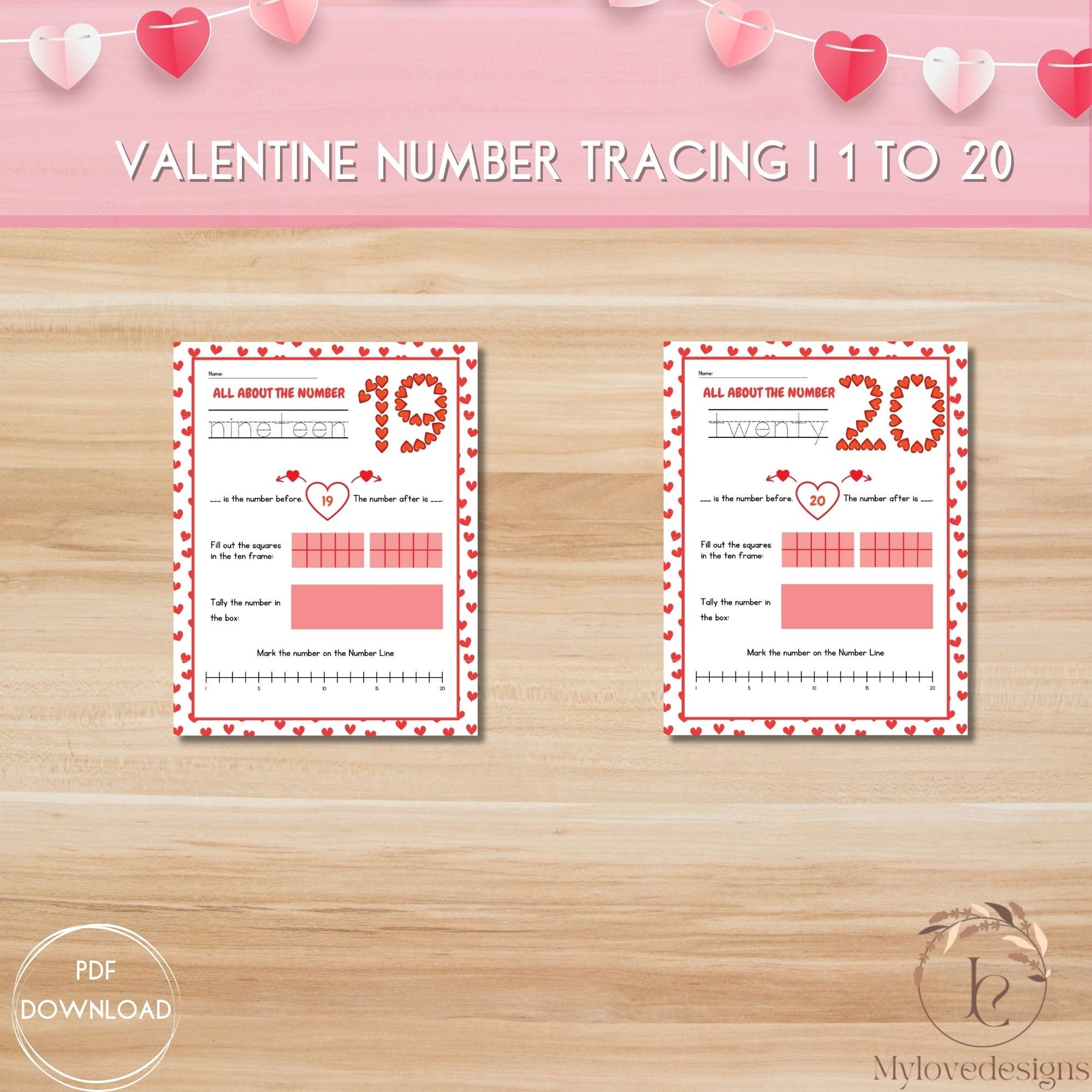 Valentine Prek Kindergarten Number Tracing Worksheet Printables, 1-20 ...