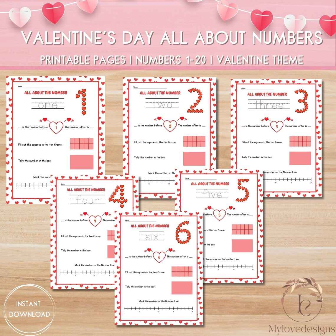 Valentine Prek Kindergarten Number Tracing Worksheet Printables, 1-20 ...