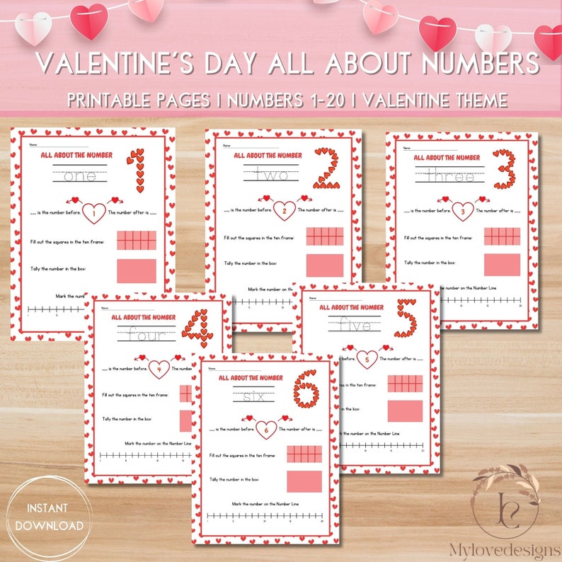 Valentine Prek Kindergarten Number Tracing Worksheet Printables, 1-20 ...
