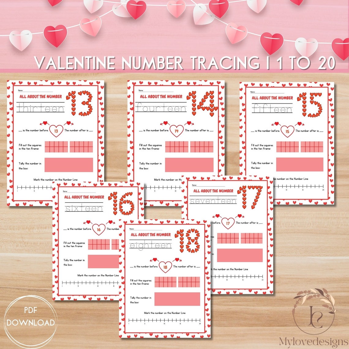 Valentine Prek Kindergarten Number Tracing Worksheet Printables, 1-20 ...