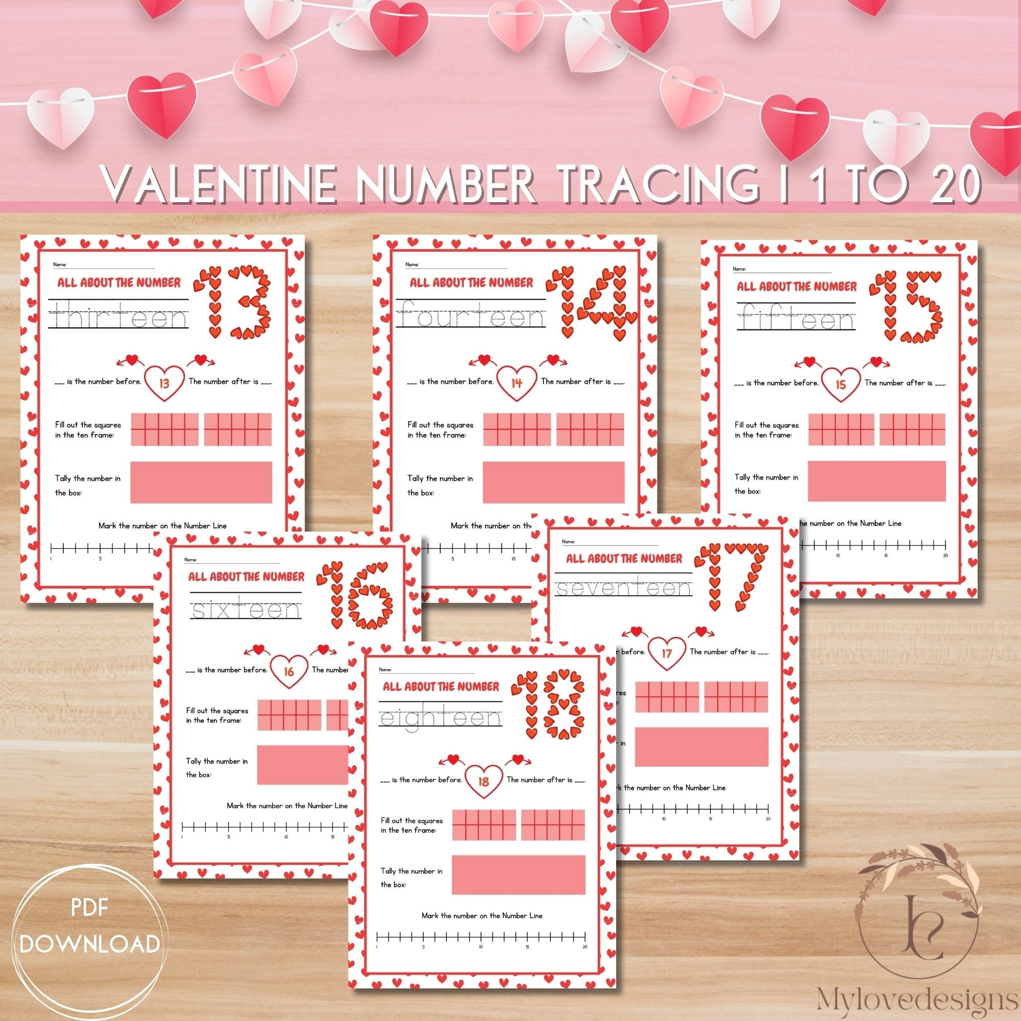 Valentine Prek Kindergarten Number Tracing Worksheet Printables, 1-20 ...