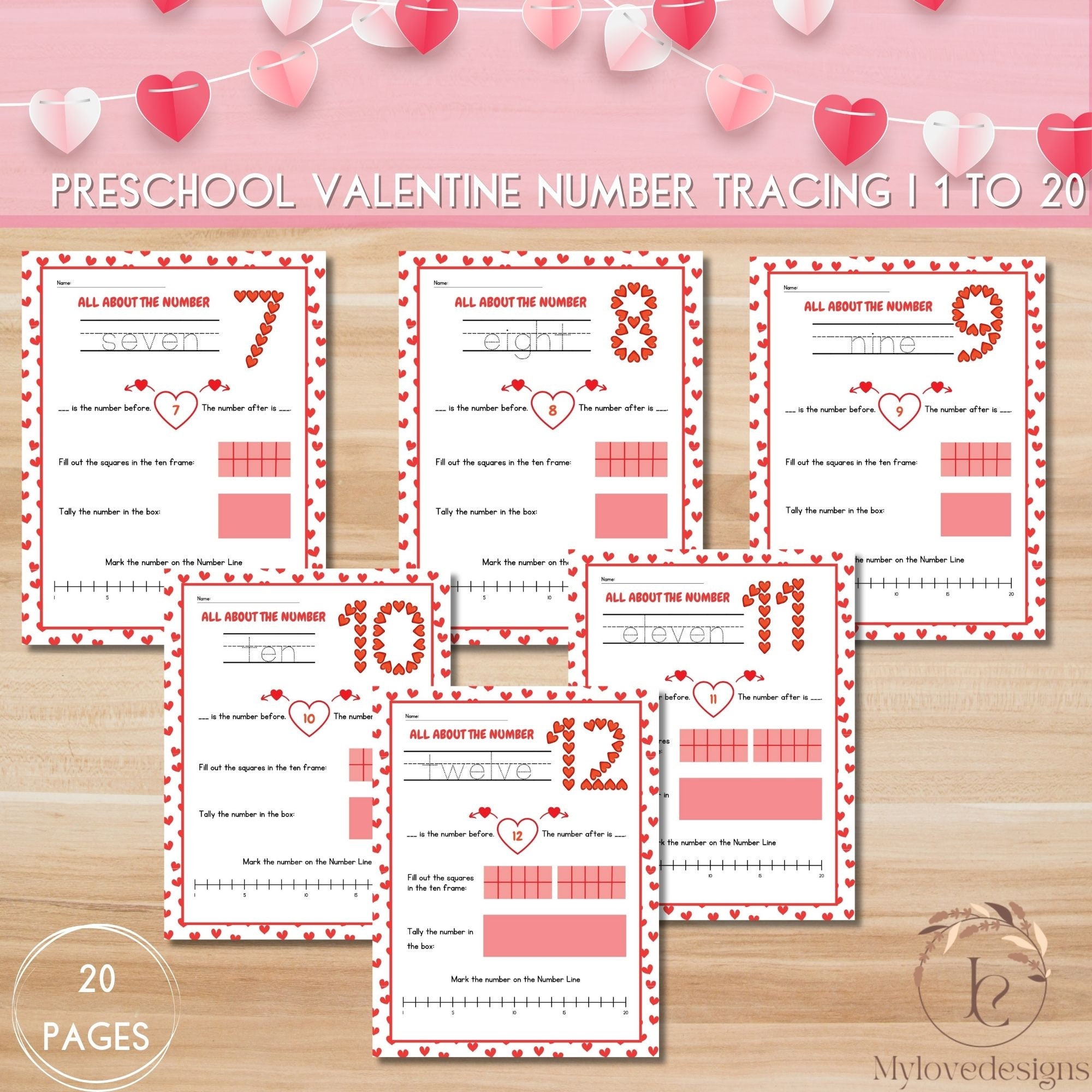 Valentine Prek Kindergarten Number Tracing Worksheet Printables, 1-20 ...