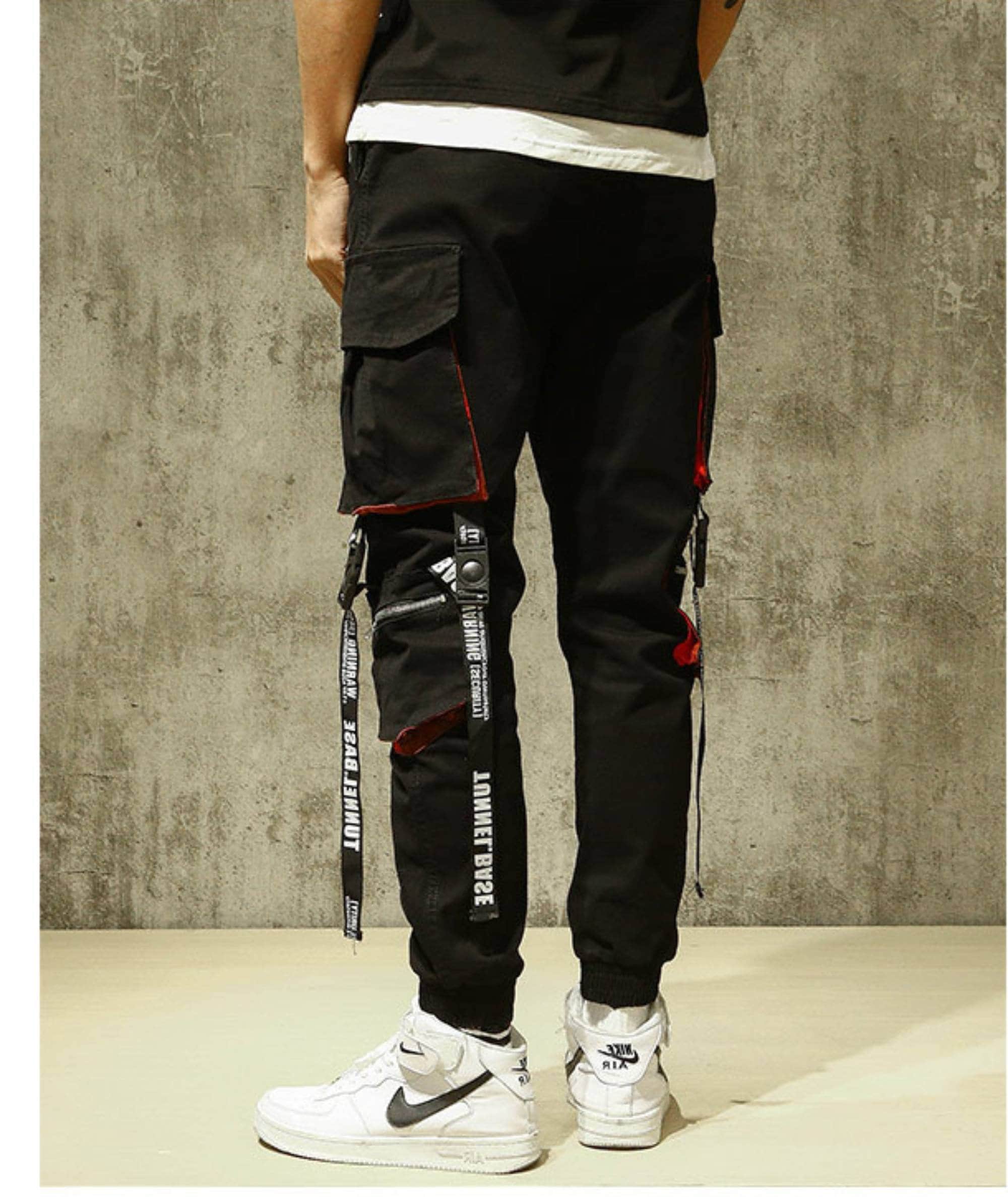 Mans Techwear Black Cargo Pants Straps Drawstring Overalls Etsy