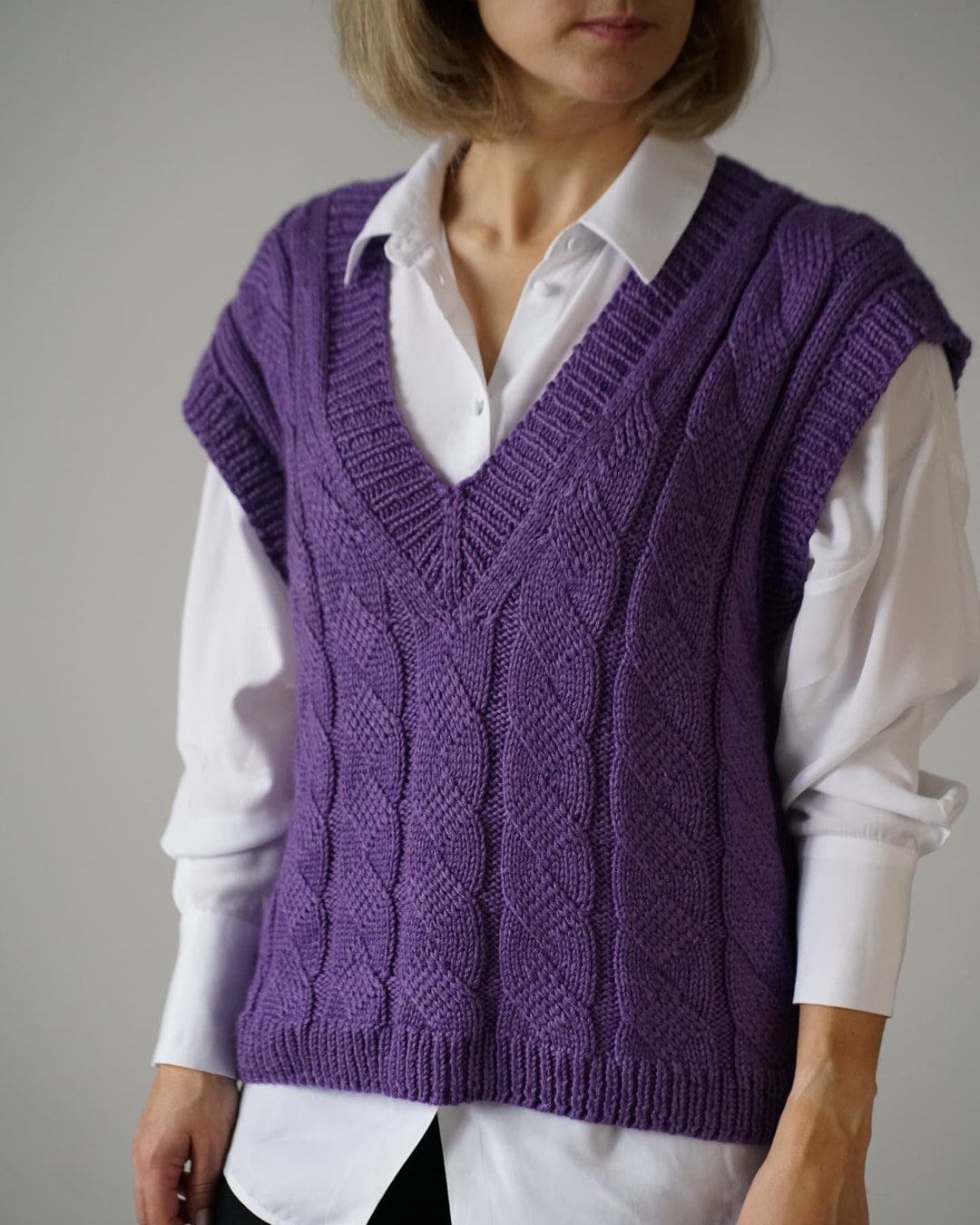 Loose Knit V Neck Vest Hand Knited Vest Sleeveless Sweater Purple Vest ...