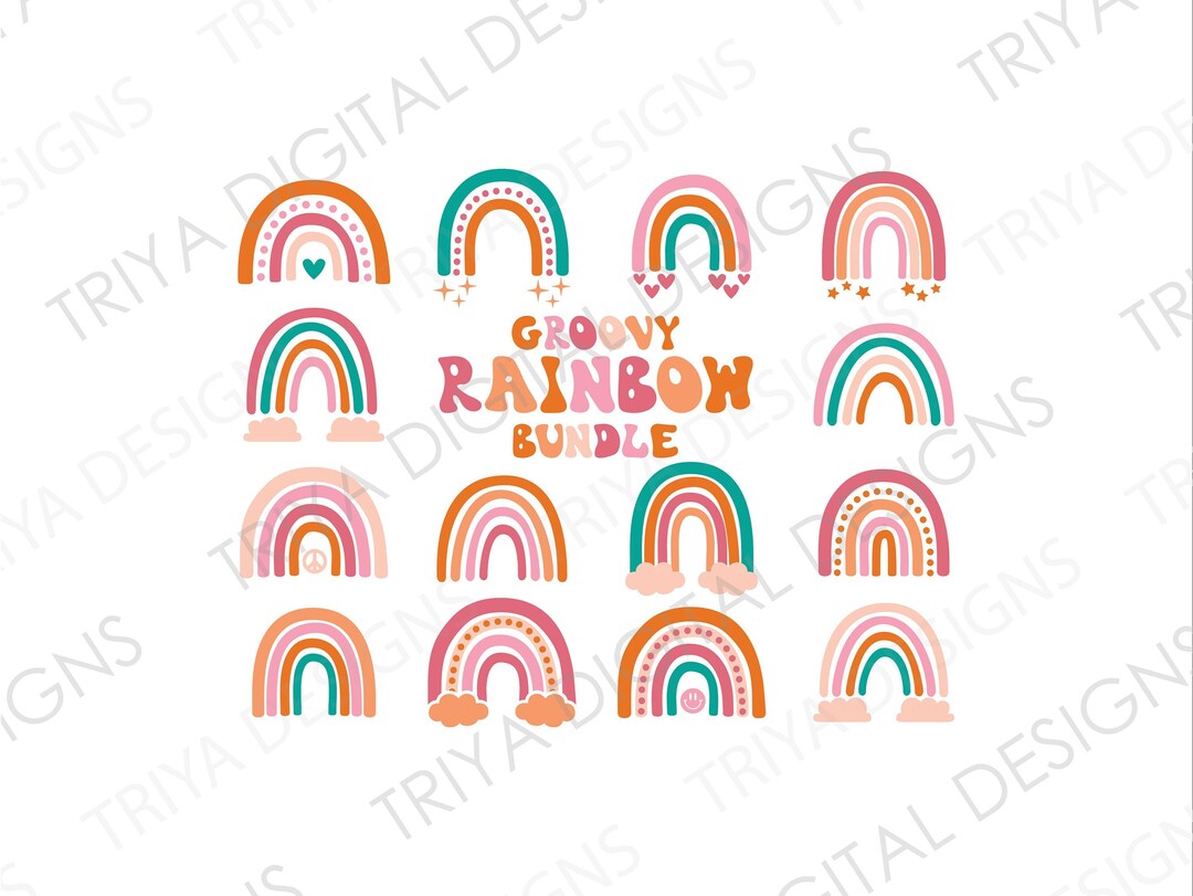 Groovy Retro Boho Rainbow SVG Cut File Bundle Set of 14 Bright Colors ...