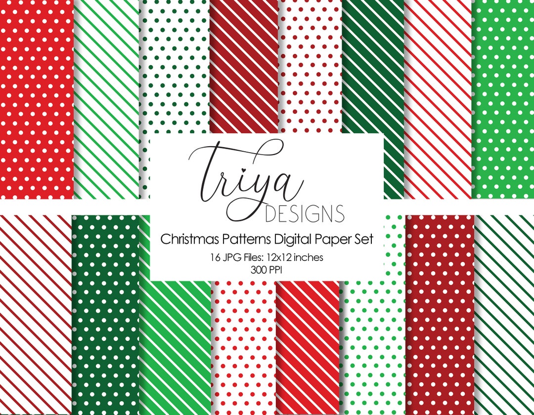 Christmas Colors Patterned Digital Paper Set of 16 | Striped Digital ...
