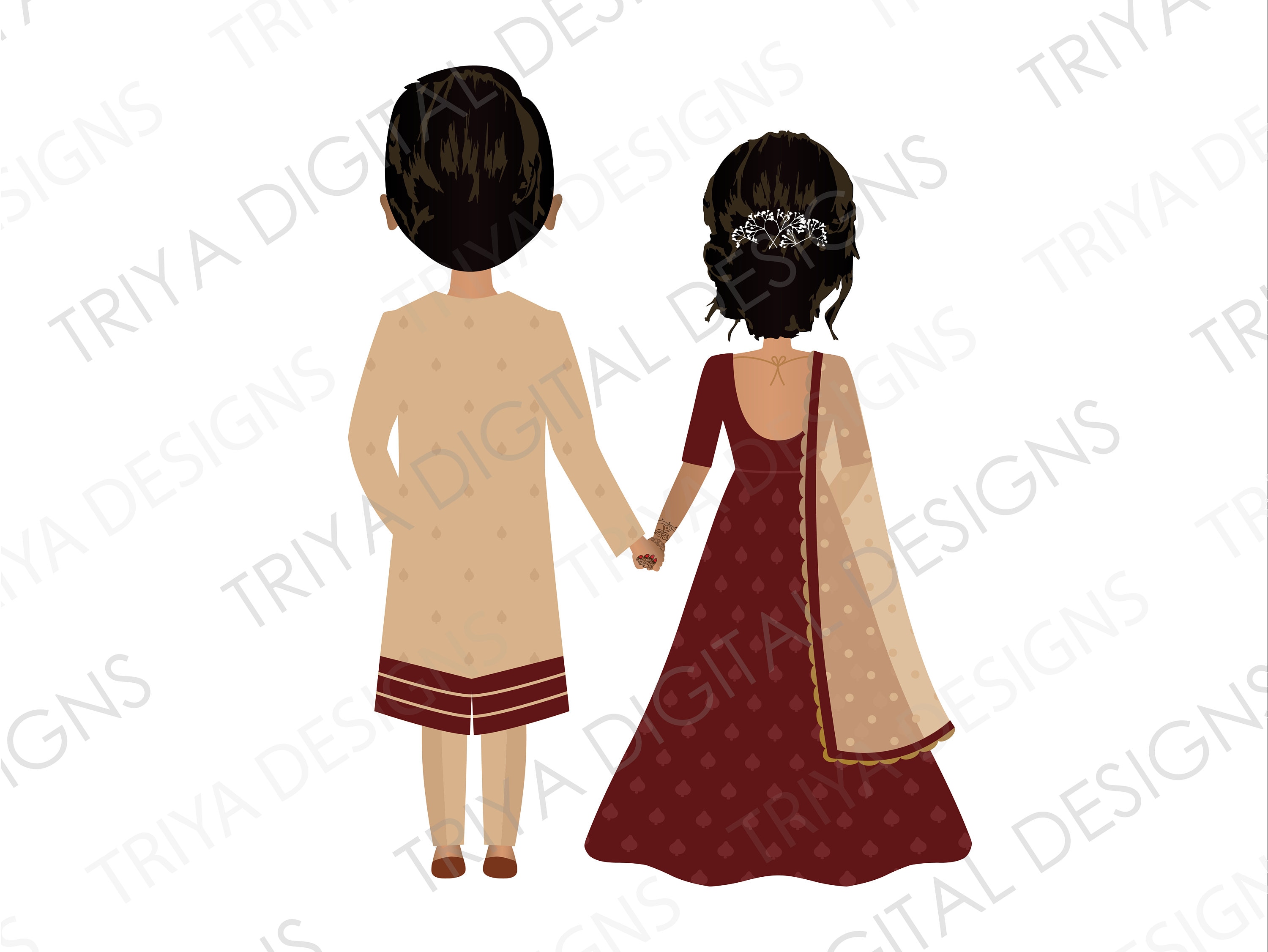 Indian Wedding Couple Holding Hands Back View Clip Art | Traditional ...
