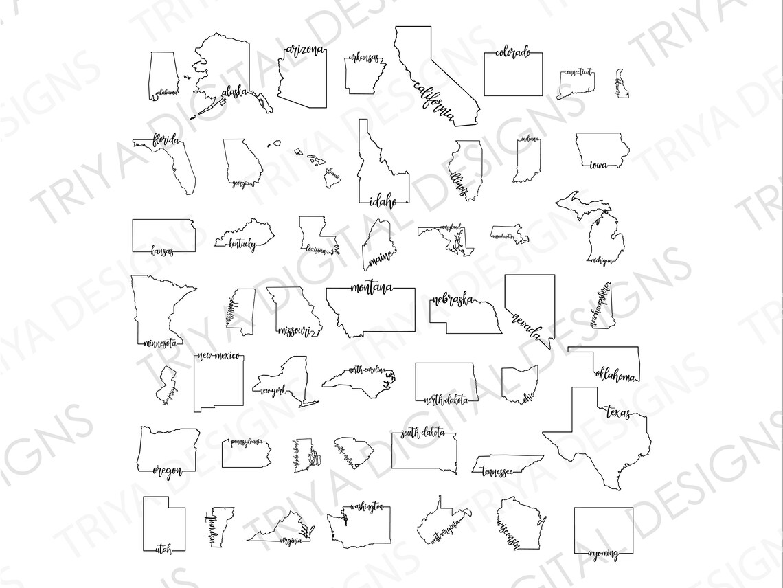 50 State Outlines With Text SVG Cut Files State Outline SVG - Etsy