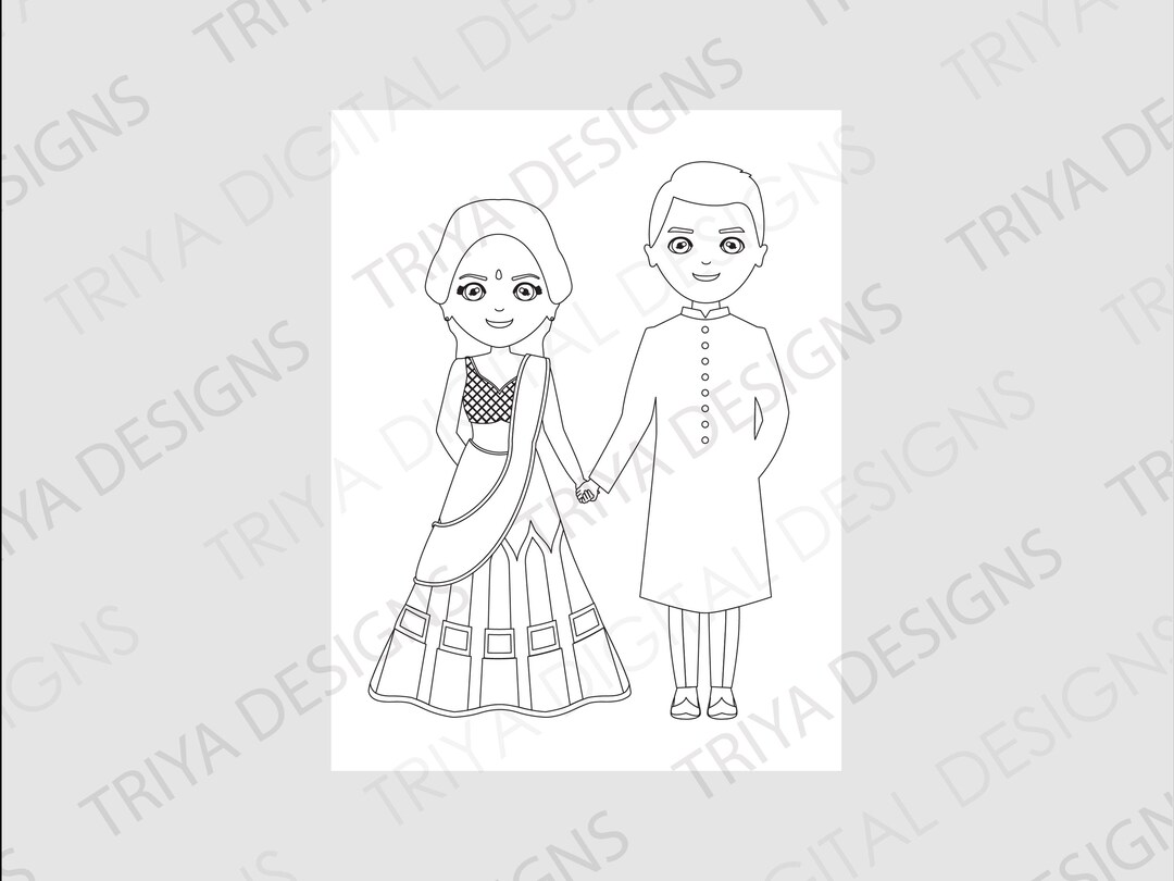 Indian Couple Coloring Page | Traditional Desi Bride and Groom Couple ...