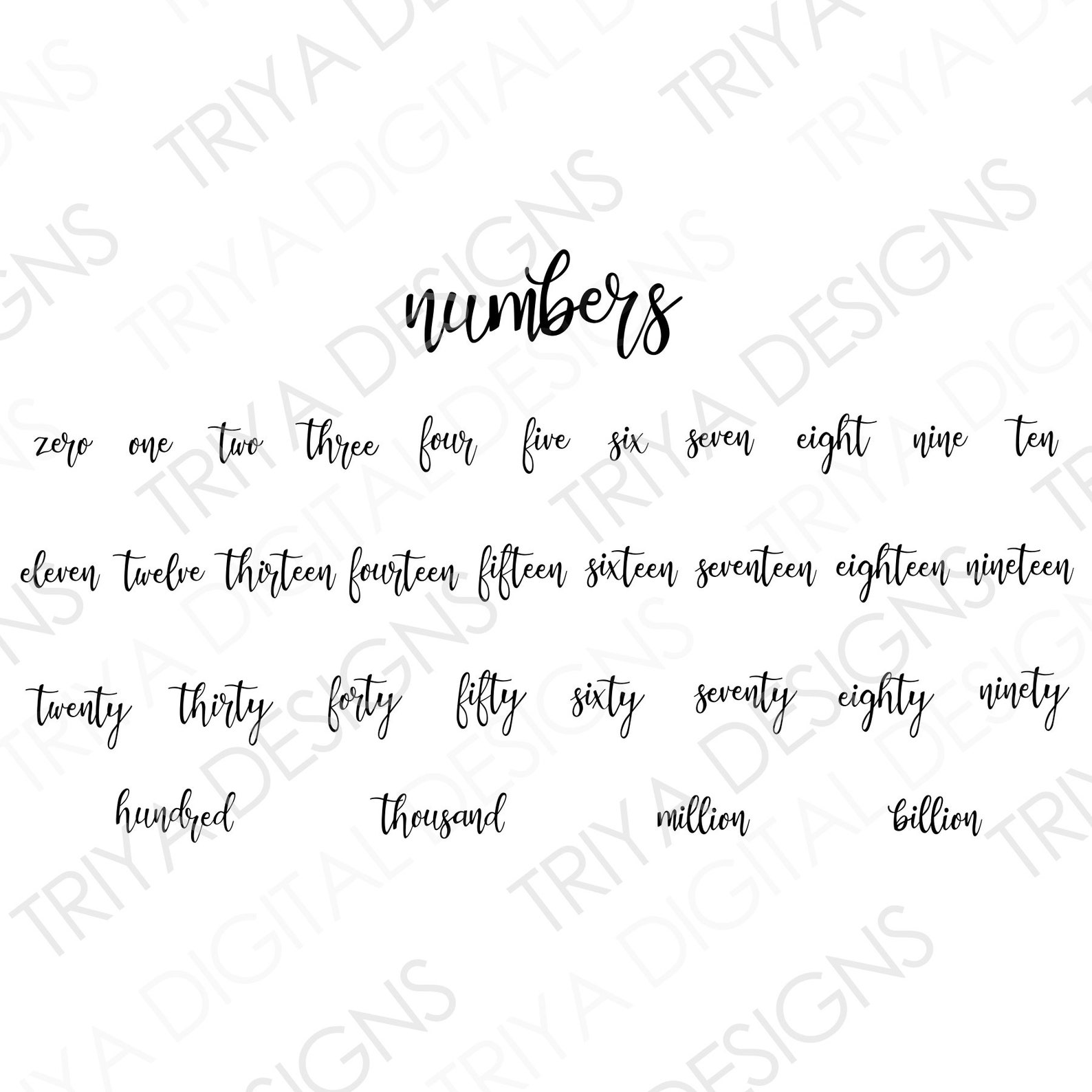 Cursive Lettering Numbers Zero to Billion Number Words SVG - Etsy