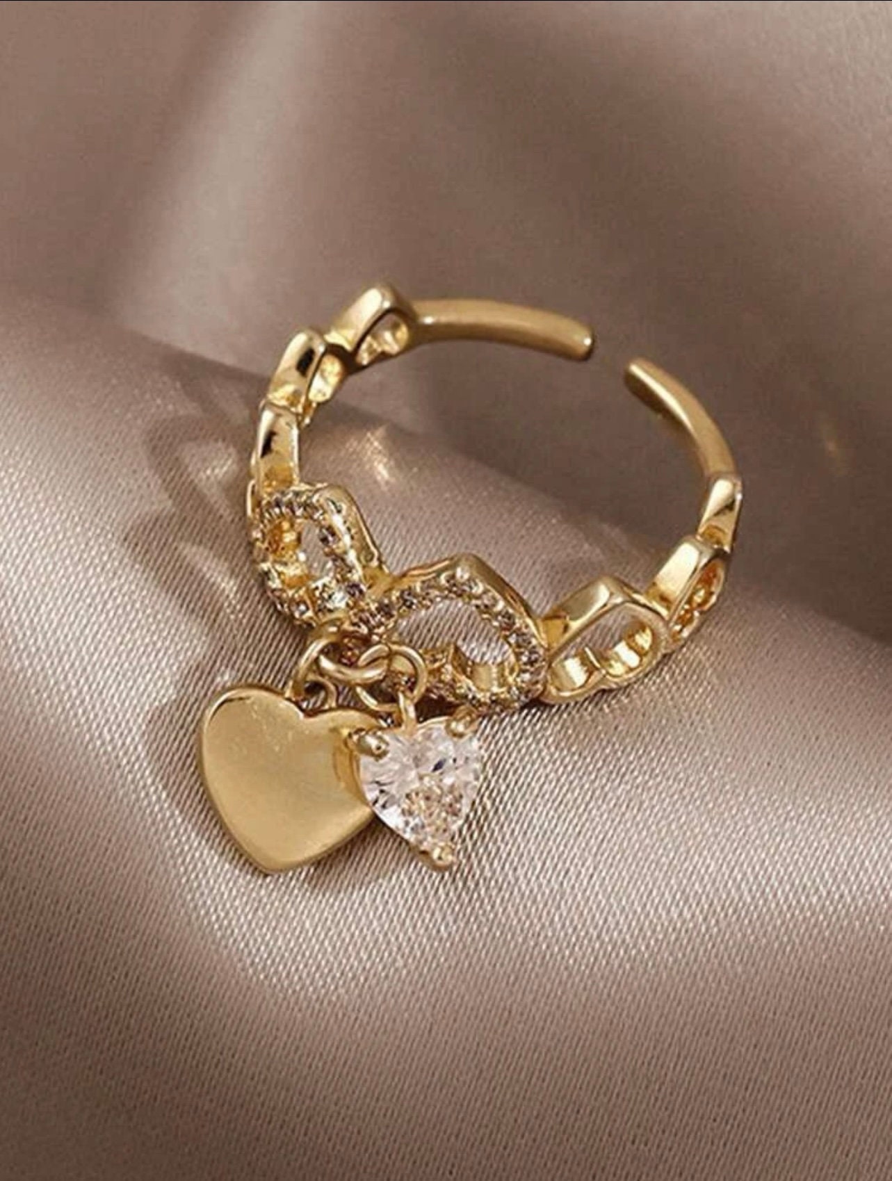 Silver/gold Colour Rhinestone and Heart Charm Ring - Etsy