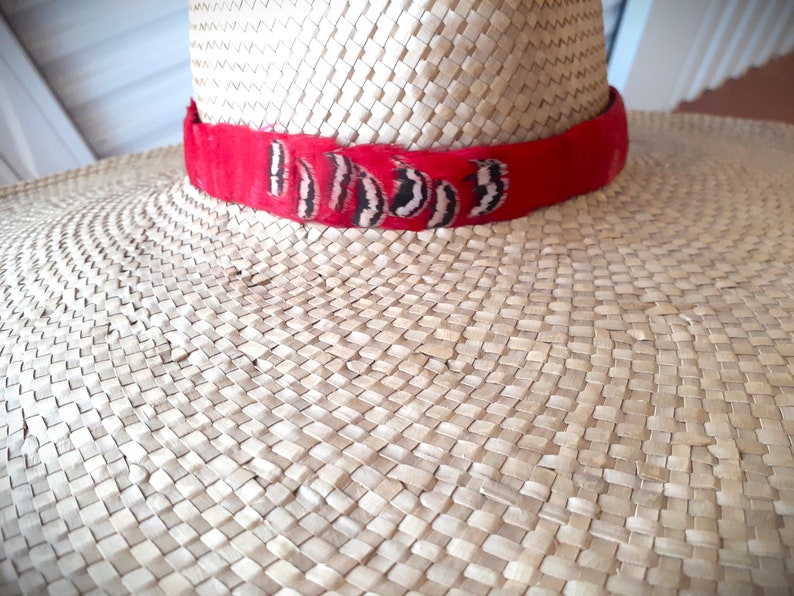 Red Goose Feather Hat Band With Peacock Accent, Hawaiian Feather ...