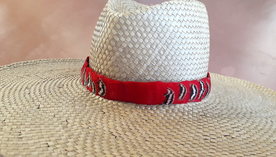 Red Goose Feather Hat Band With Peacock Accent, Hawaiian Feather ...