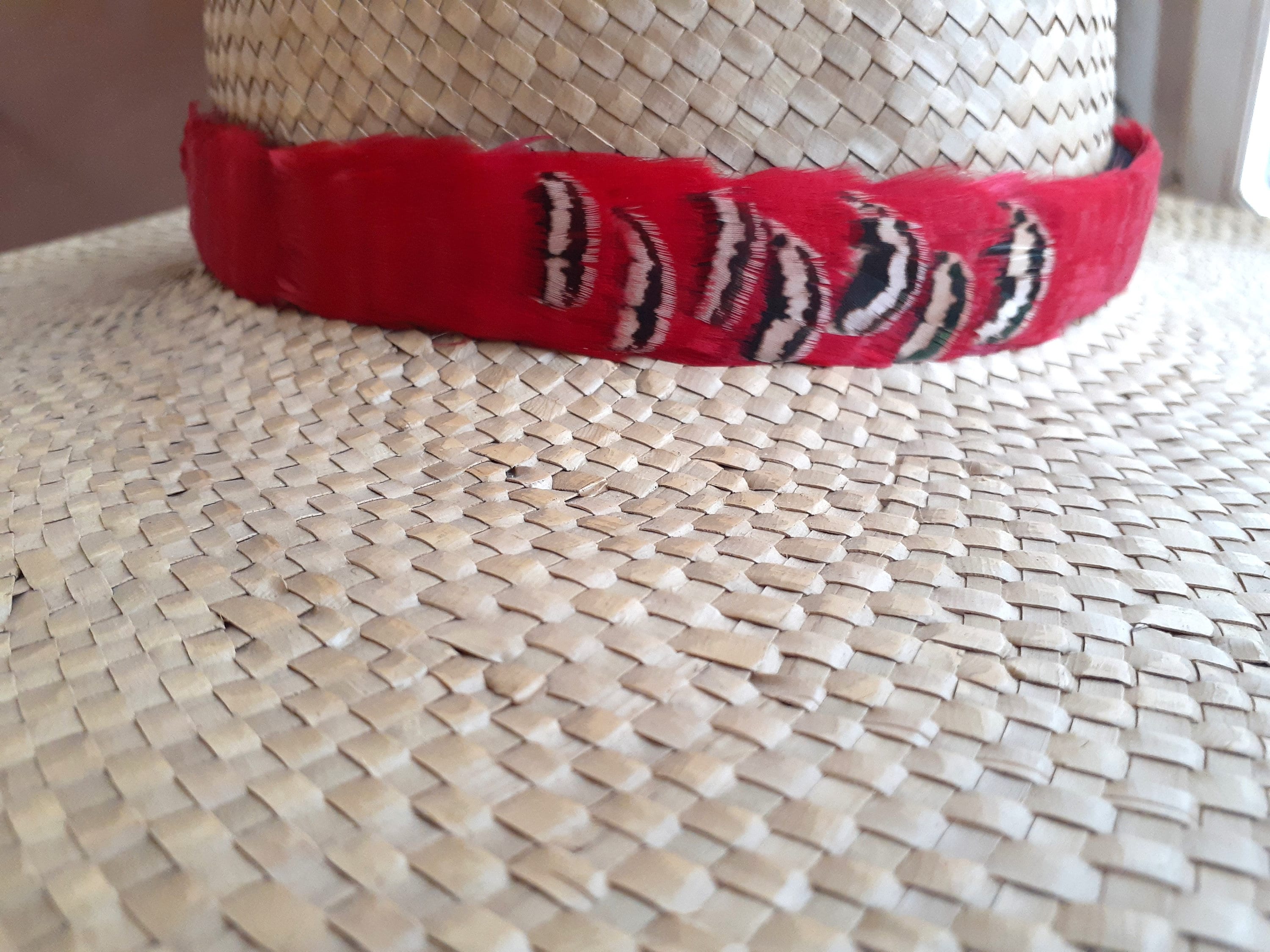 Red Goose Feather Hat Band With Peacock Accent, Hawaiian Feather ...