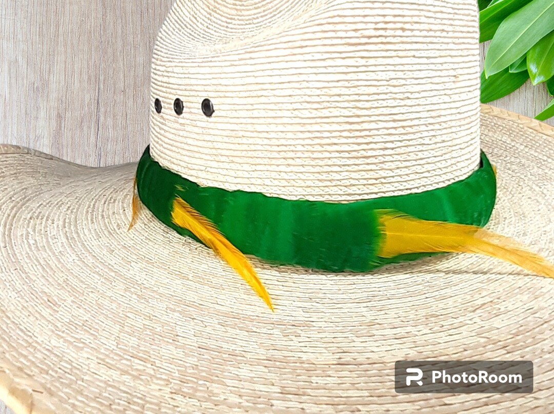 Kelly Green Goose Feather Hat Band With Yellow Rooster Accent, Hawaiian ...