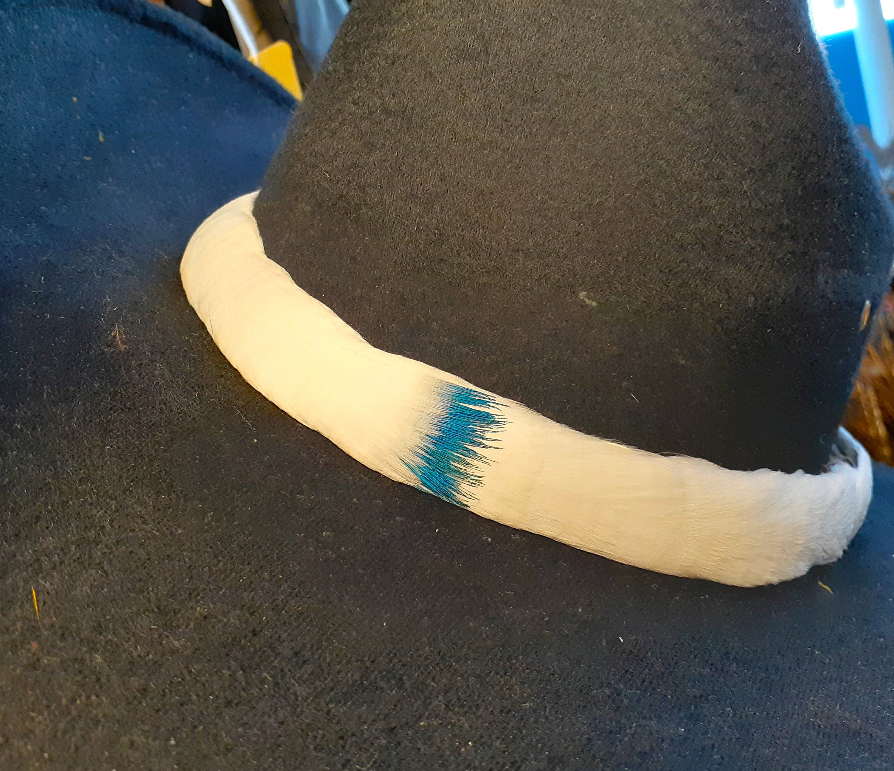 White Goose Feather Hat Band With Blue Peacock Accent, Hawaiian Feather ...