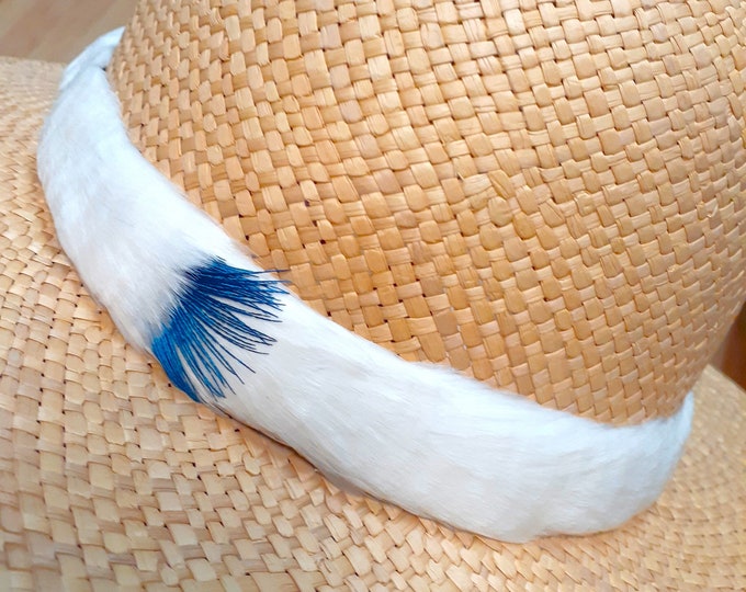 White Goose Feather Hat Band With Blue Peacock Accent, Hawaiian Feather ...