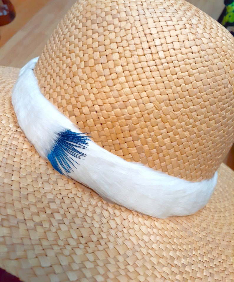 White Goose Feather Hat Band With Blue Peacock Accent, Hawaiian Feather ...