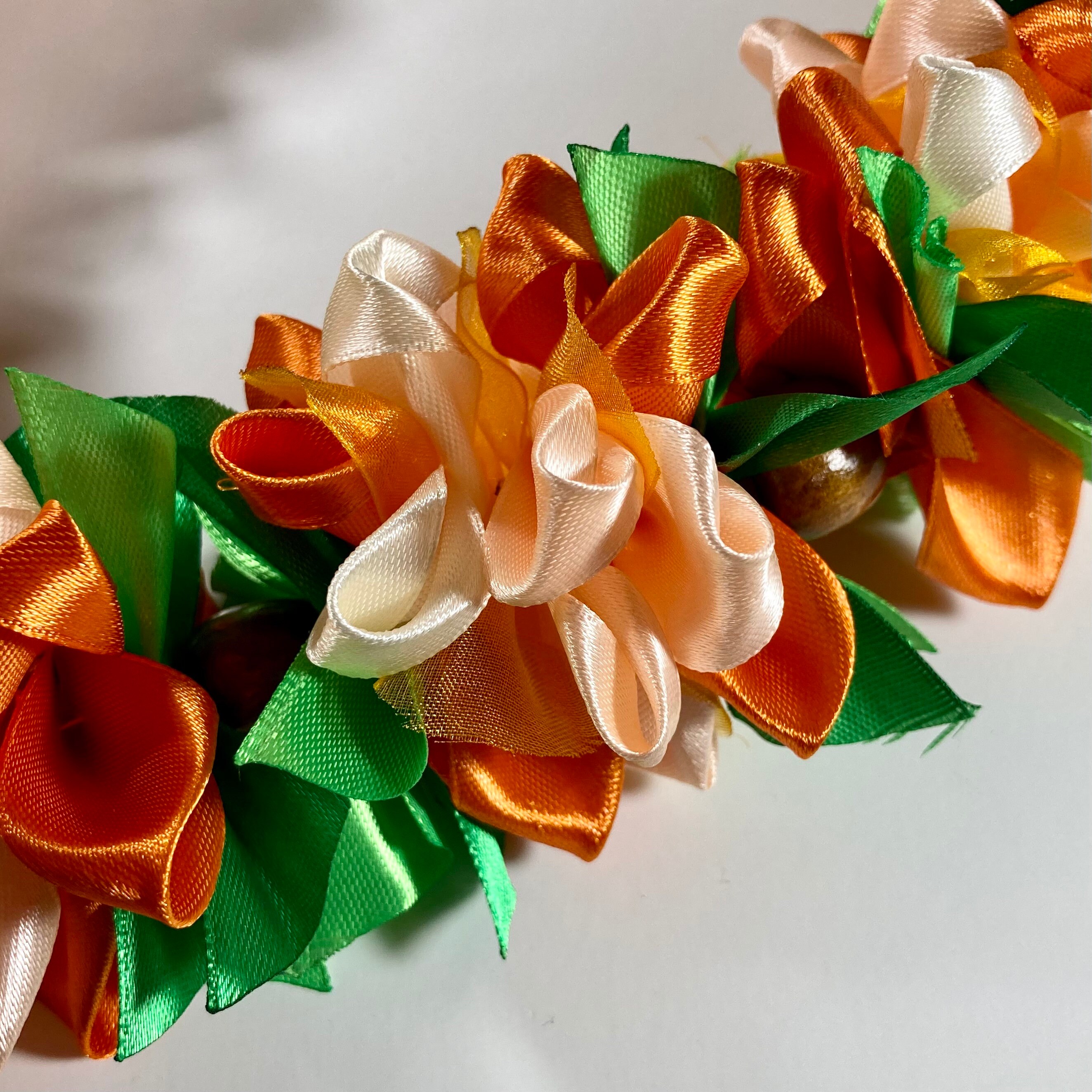 Ribbon Flower Lei Plumeria-like Leaves Beads Multicolor Adjustable ...