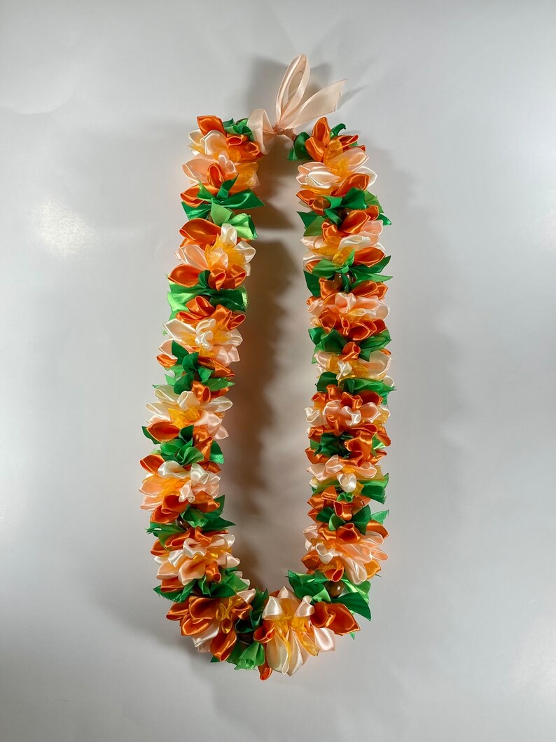 Ribbon Flower Lei Plumeria-like Leaves Beads Multicolor Adjustable ...