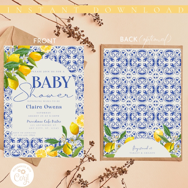 Mediterranean Blue Tile Lemon Baby Shower Printable - Etsy