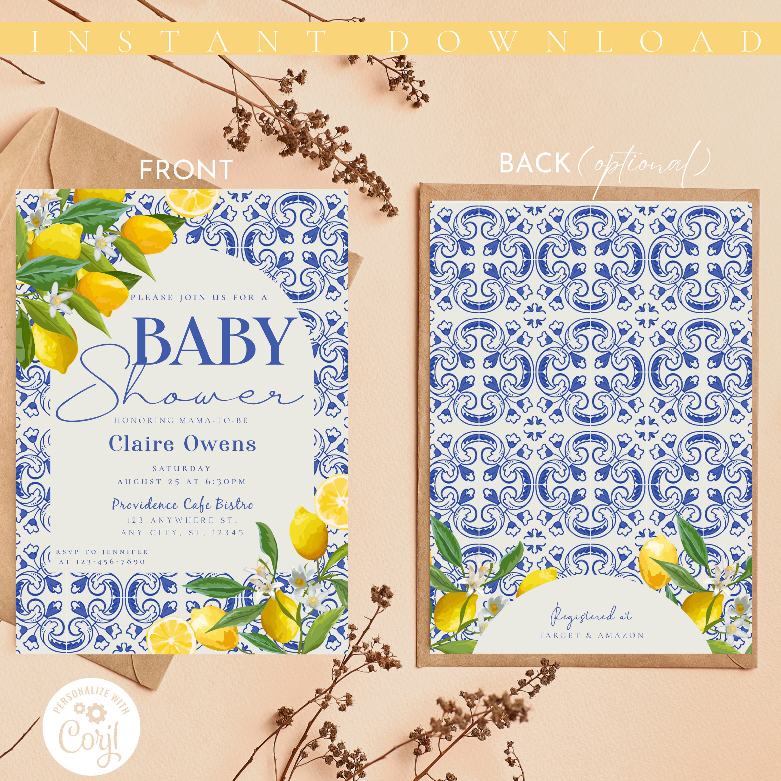 Blue Tile Lemon Baby Shower Printable Invitation, Mediterranean Baby ...