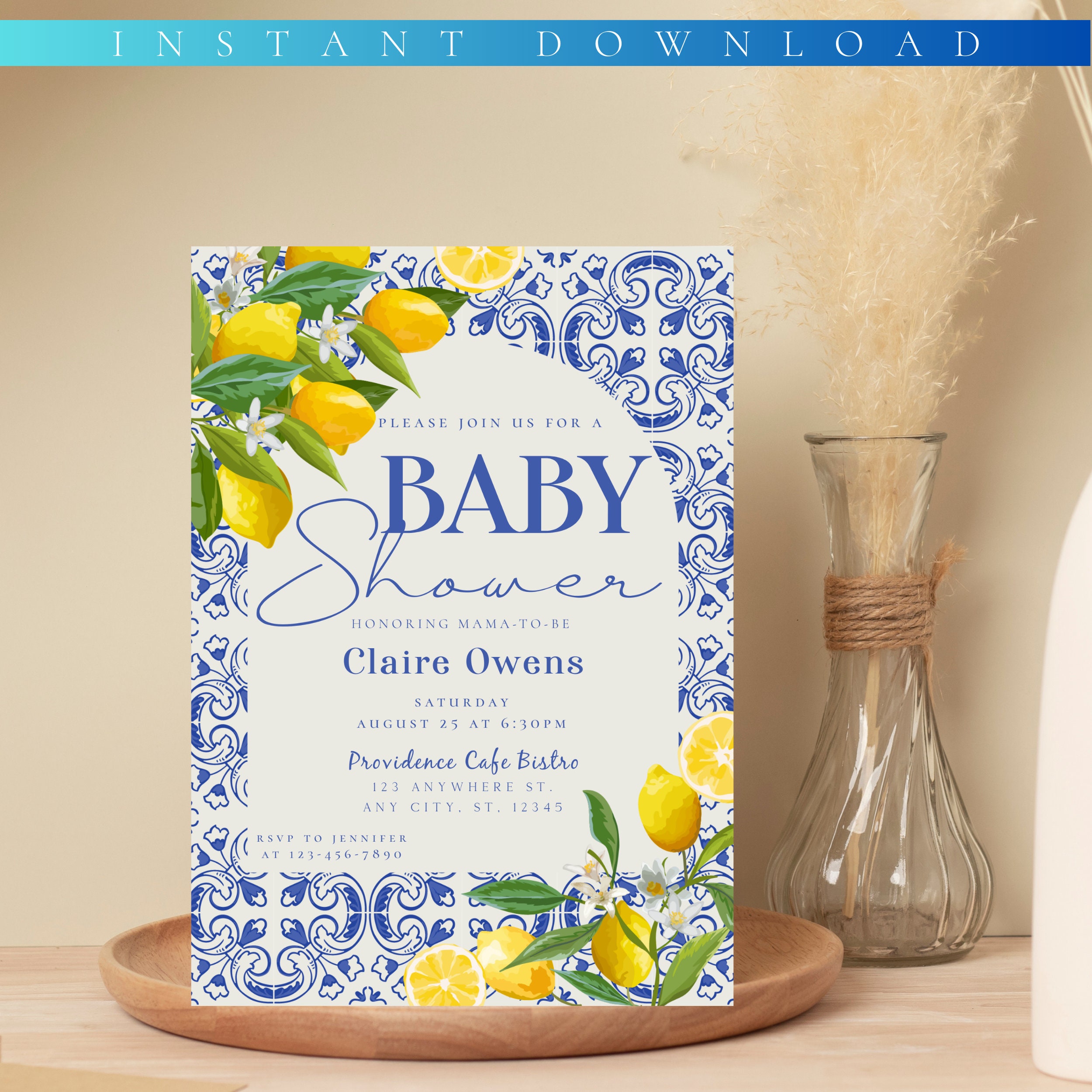 Blue Tile Lemon Baby Shower Printable Invitation, Mediterranean Baby ...