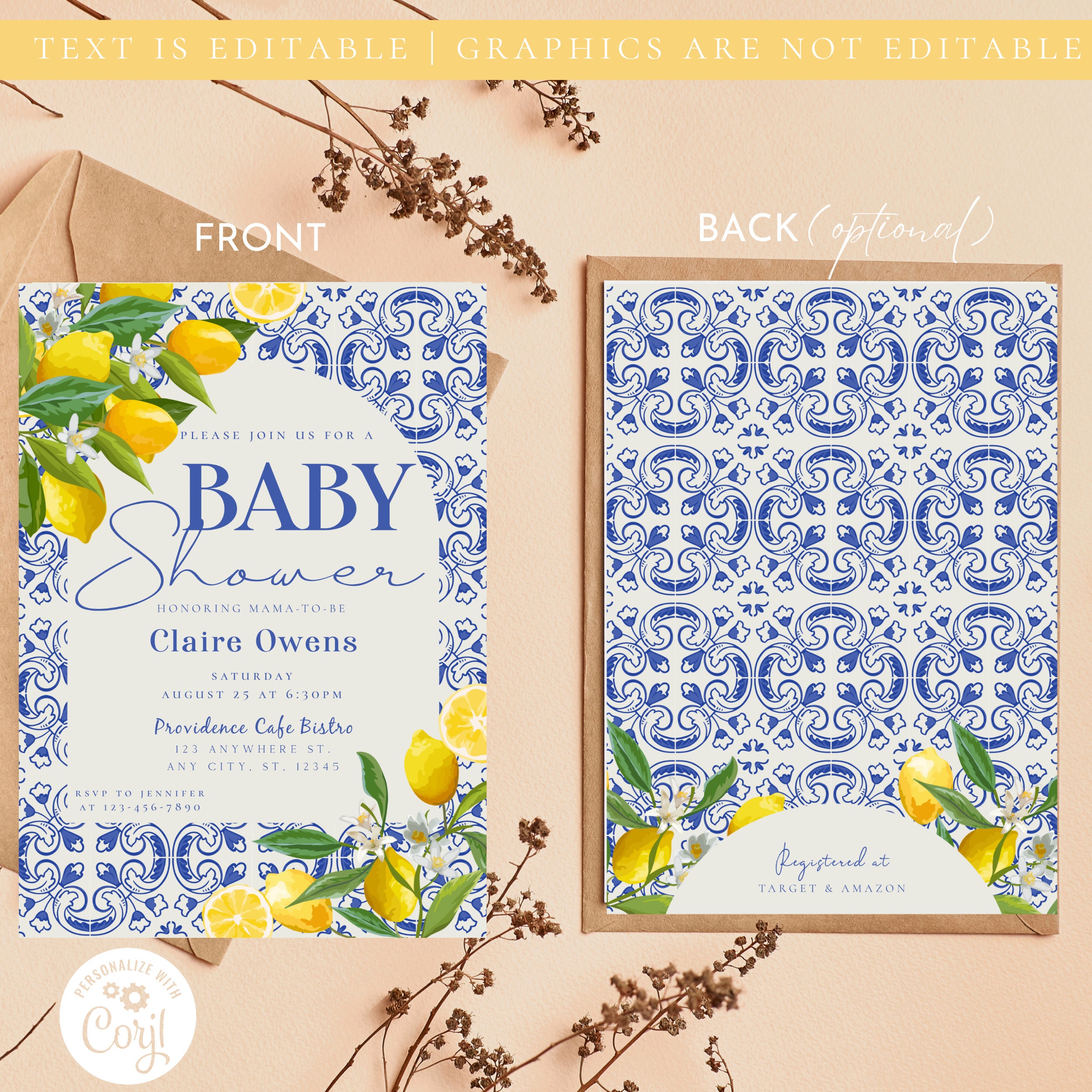 Blue Tile Lemon Baby Shower Printable Invitation, Mediterranean Baby ...