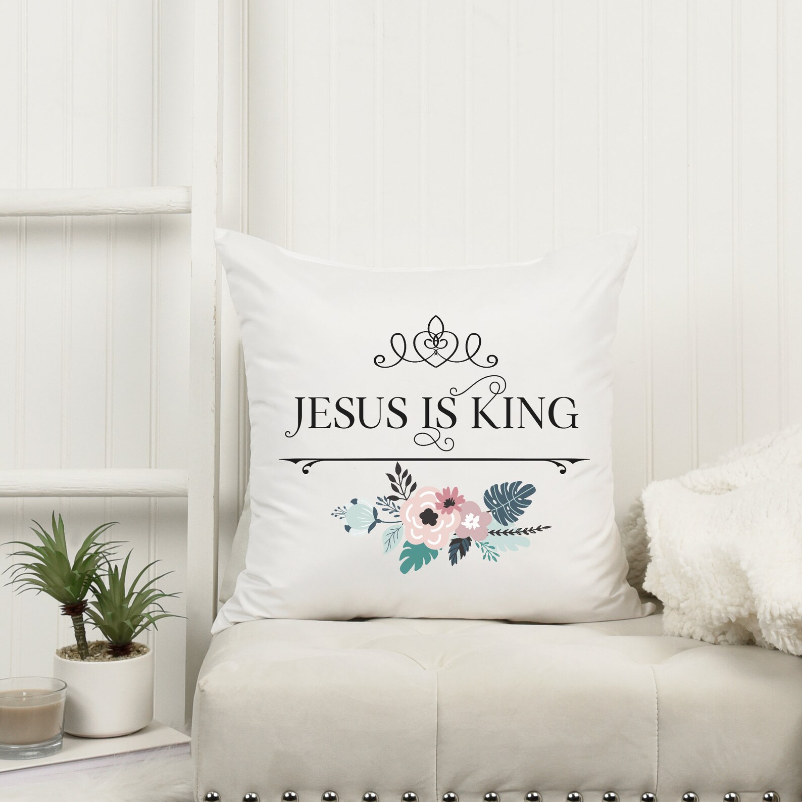 Jesus is King Vintage Pillow, Christian Pillow for Her, Faith, Floral ...