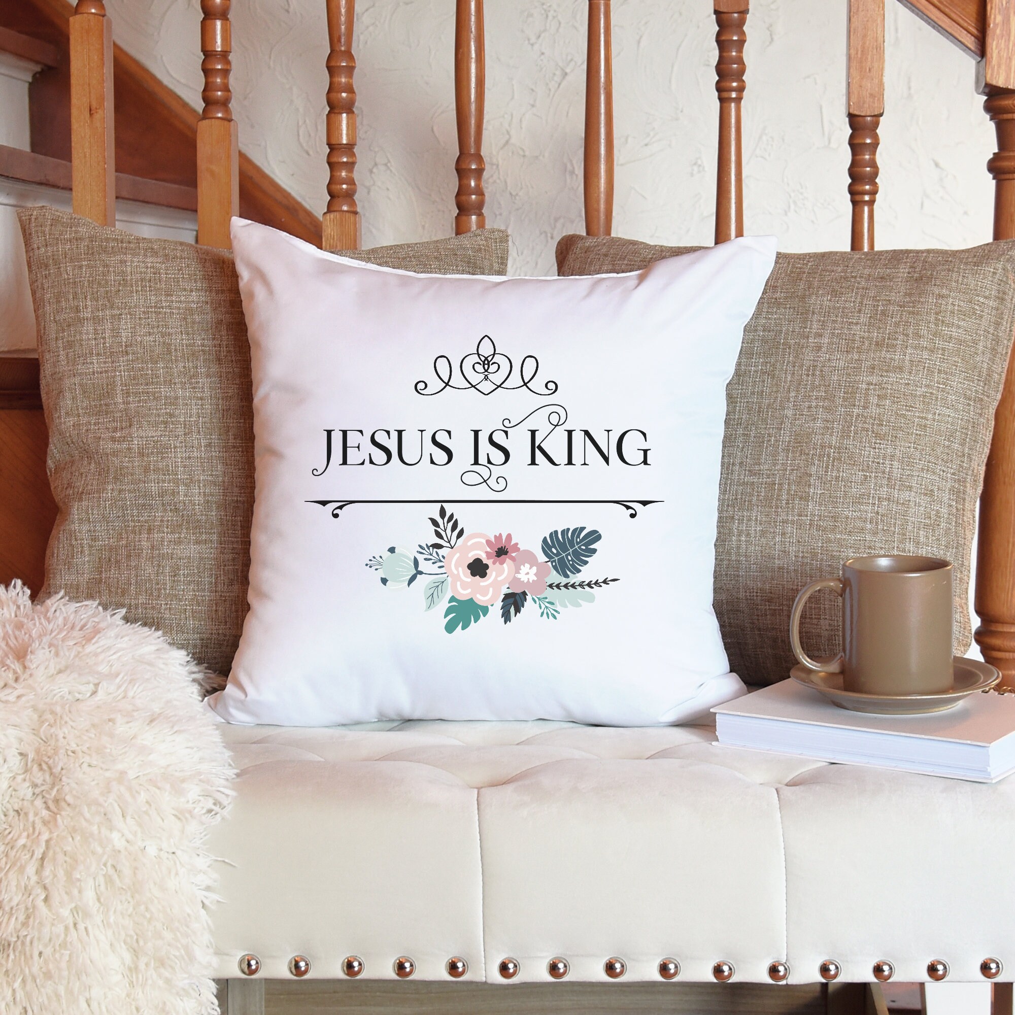 Jesus is King Vintage Pillow, Christian Pillow for Her, Faith, Floral ...