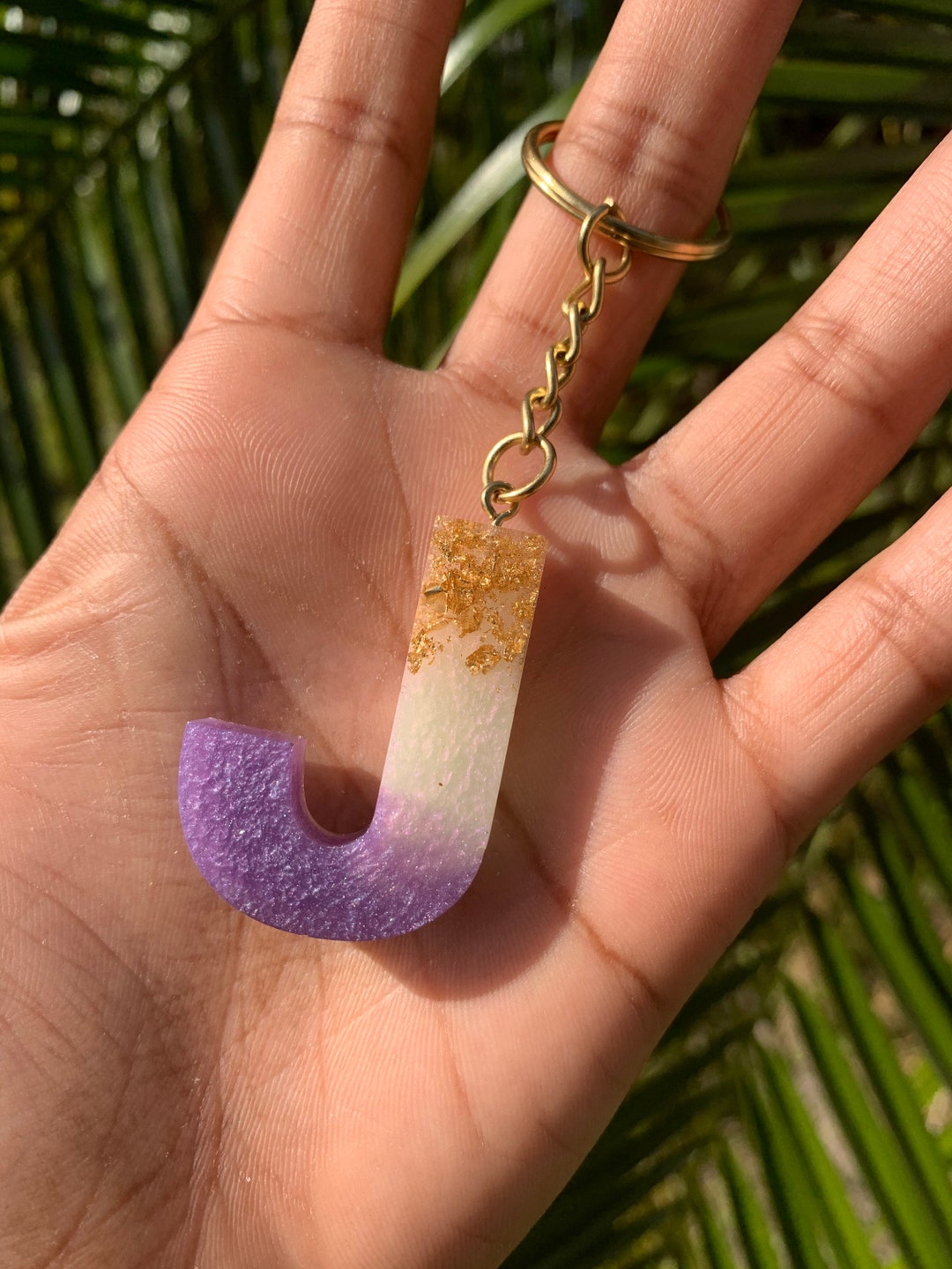Custom Resin Initial Keychain With Gold Flakes & Purple Ombre | Personalized Letter Keyring ...
