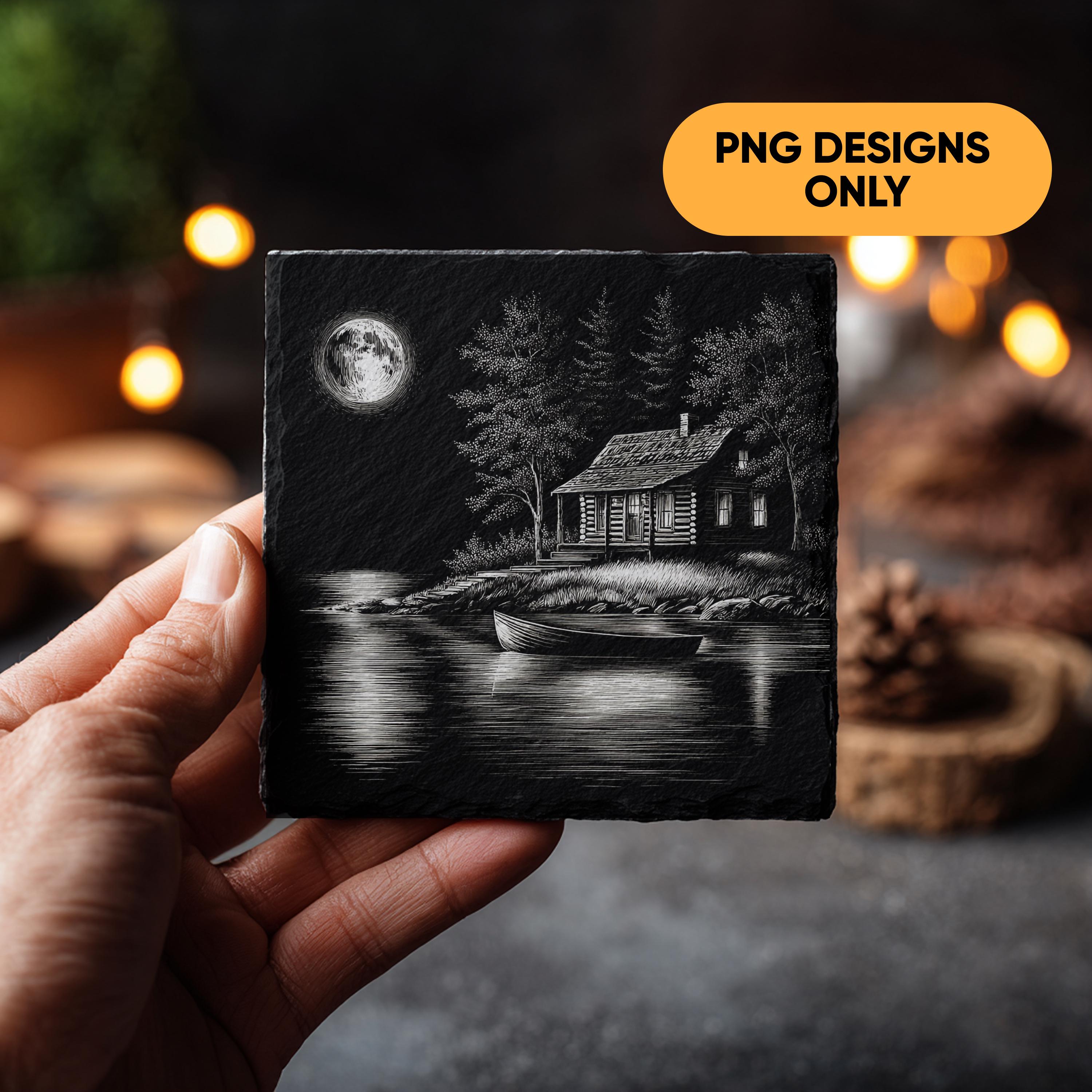 Rustic Cabin Slate Coaster PNG Bundle, 9 Lake & Mountain Engraving ...