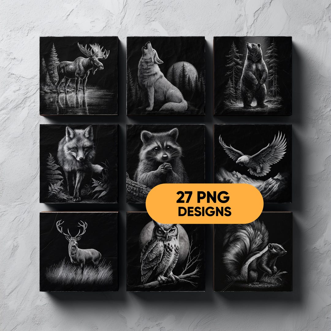 Forest Animals Slate Coaster PNG Bundle, 27 Engraving Files With Wolves ...