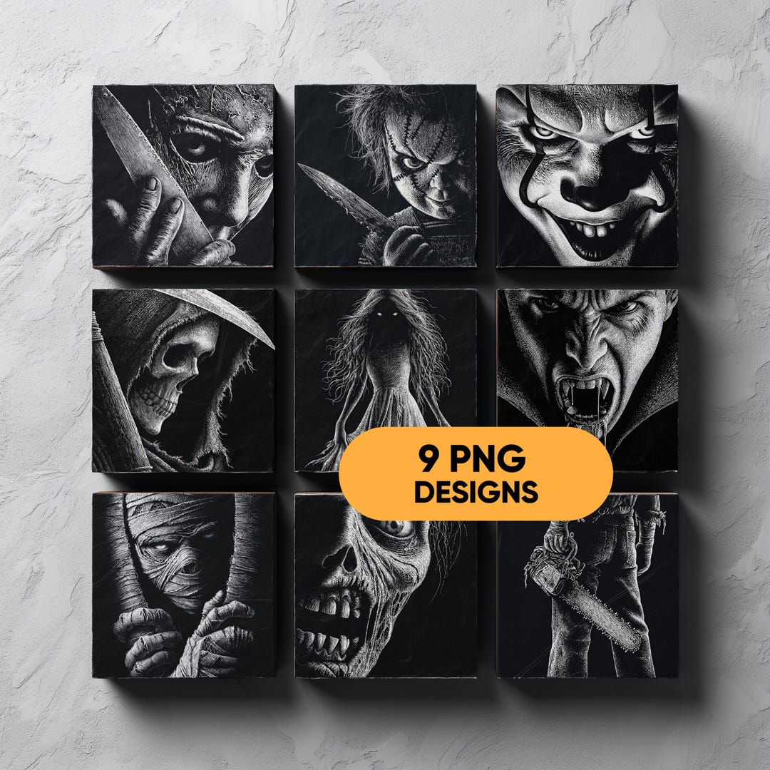 Scary Halloween Horror Characters Engraving PNG Bundle: Creepy Dolls ...