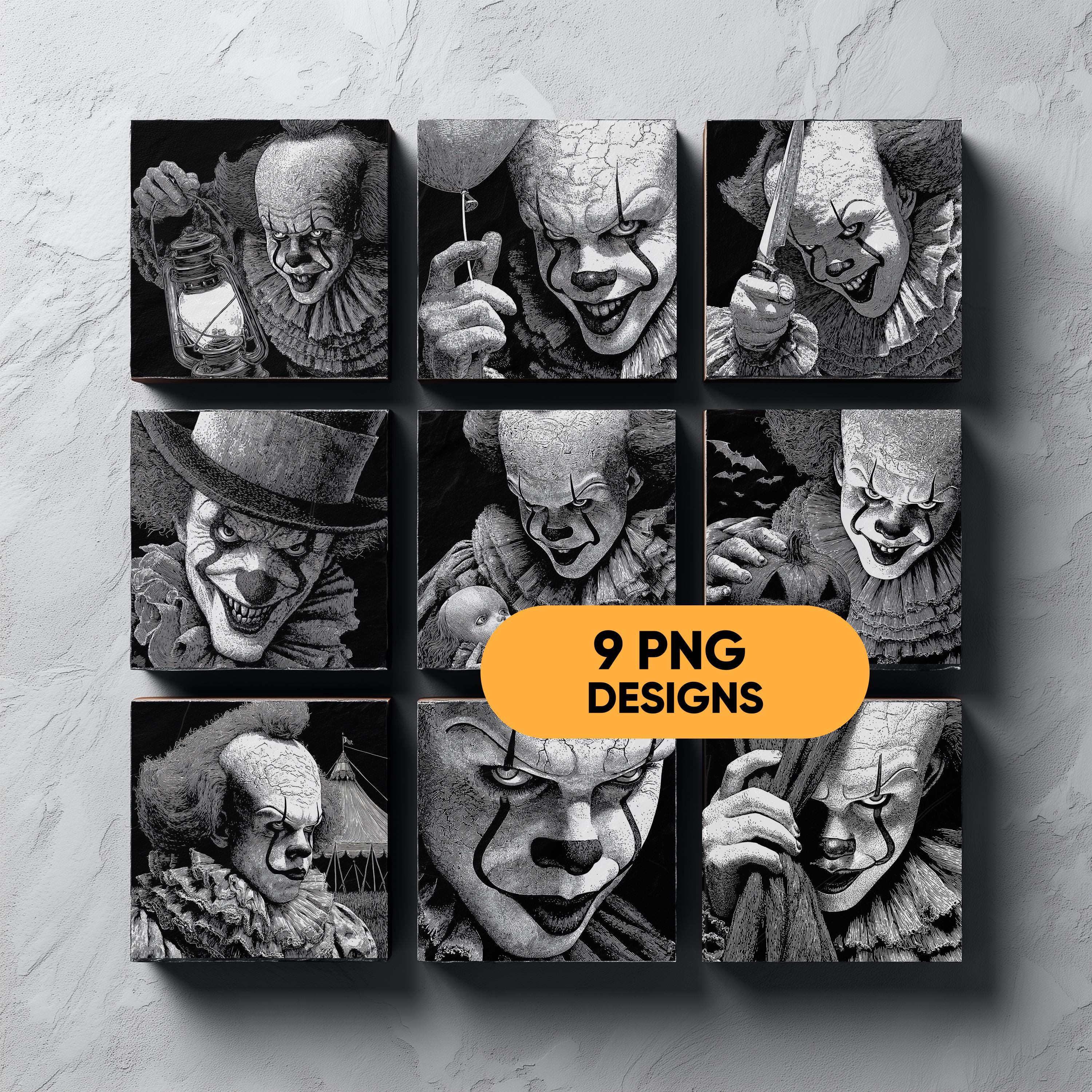 Creepy Clown Engraving PNG Set, Halloween Horror Clown Designs for ...